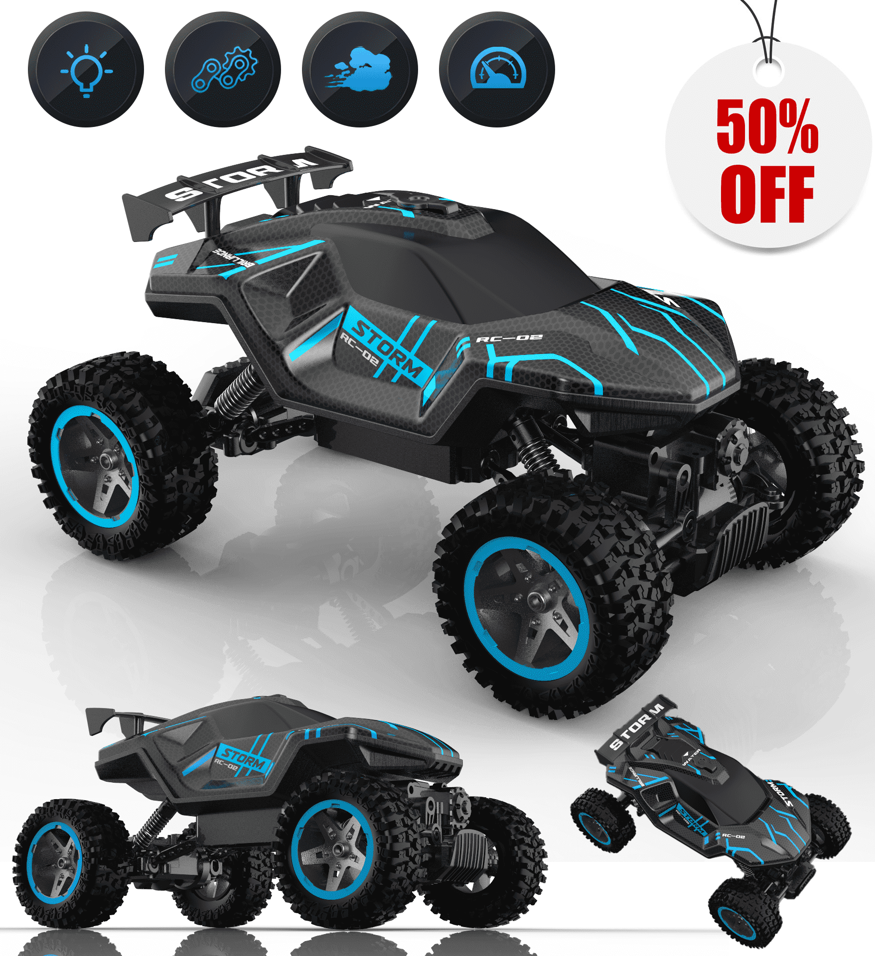 HNH 1:16 RC Car Remote Control Car, 60+min Monster Truck with Lights and Spray Function, All ...