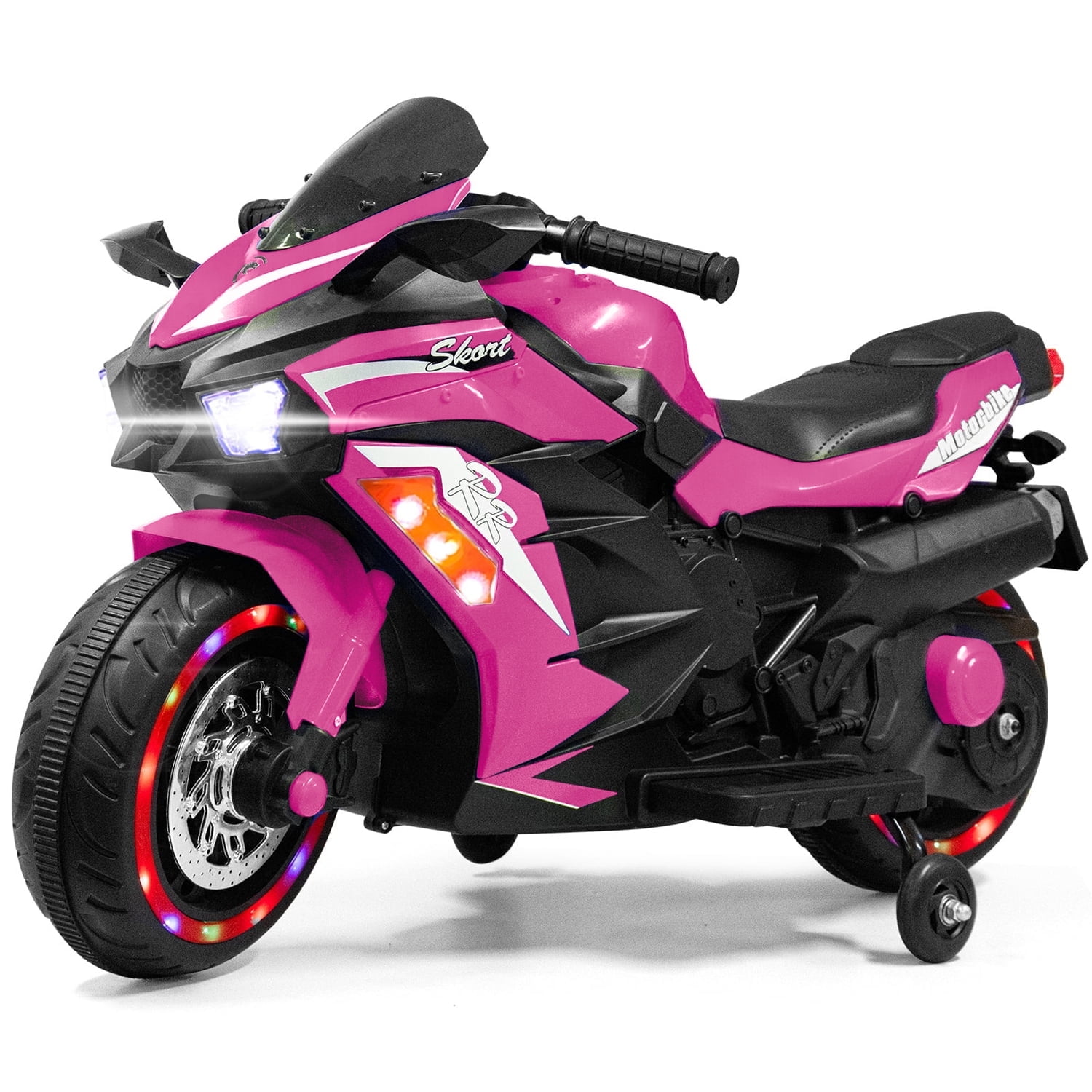 HNH 12V Pink Kids Motorcycle, Battery Powered Ride On Bike with Lights ...