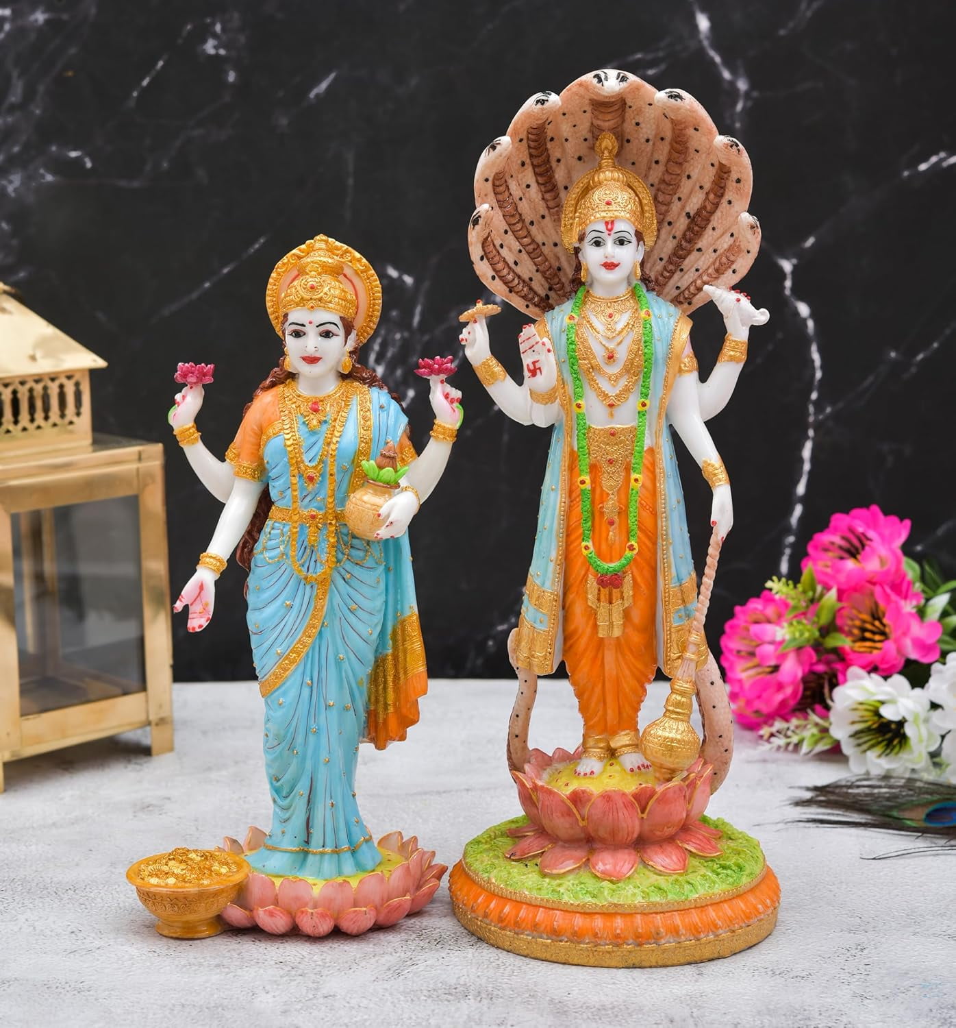 HNH CRAFTS Polyresin Lord Vishnu with Maa Lakshmi Idol Standing on Lotus Laxmi Narayan Murti ...