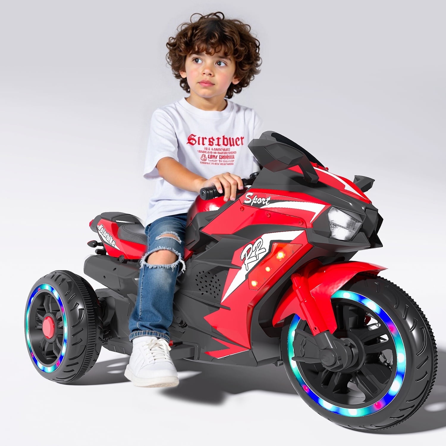 HNH 12v Battery Powered Kids Ride on Motorcycle, 3 Wheels with LED Lights and Music, Red ...