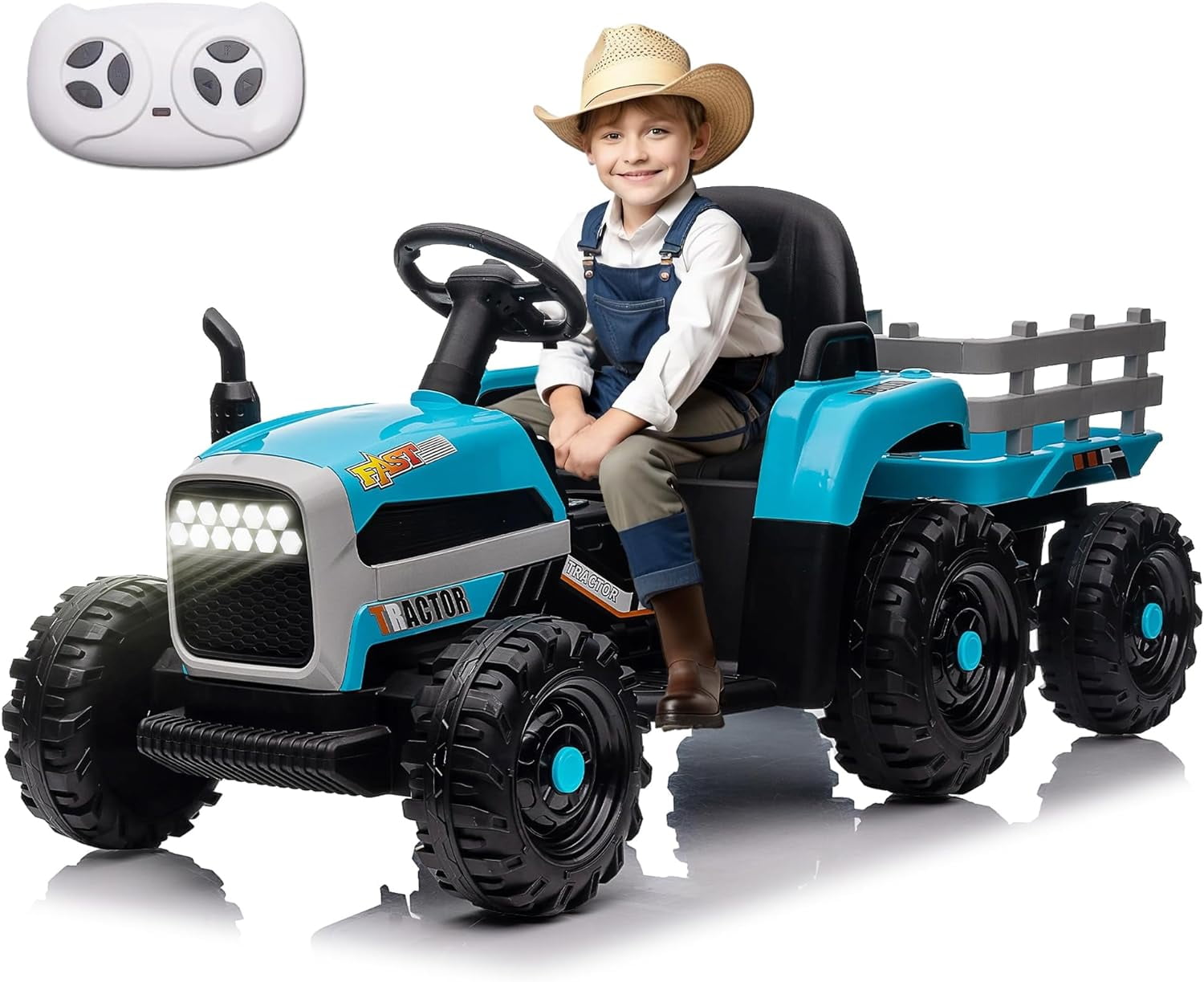 Kids Tractor with Trailer, 12v Battery-Powered Ride on Tractor Toy with ...