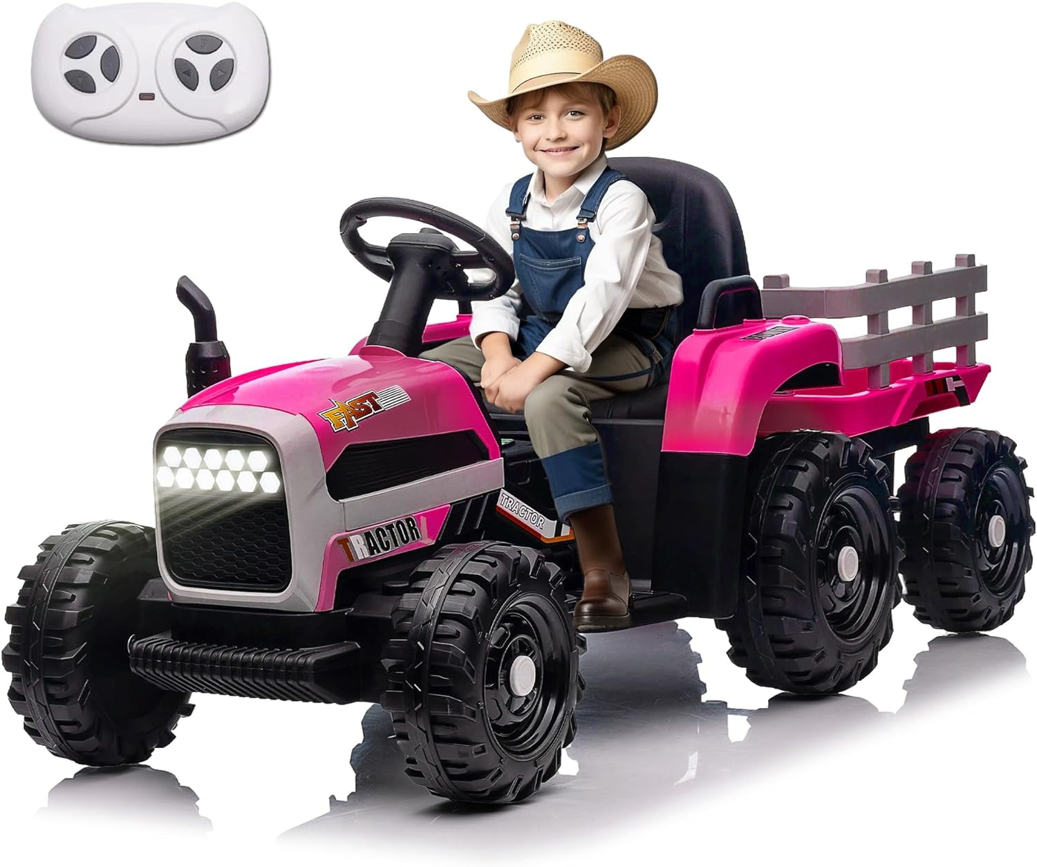 Toddler Ride on Tractor with Trailer, 12V Kids Electric Tractor w ...