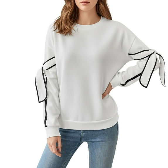 HNMKIU Contrast Color 3D Bow Tie Round Neck Long Sleeve Pullover ...