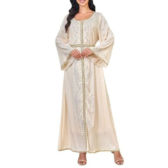 HNMKIU Elegant Full-Length Floral Embroidery Rhinestone Maxi Gown ...