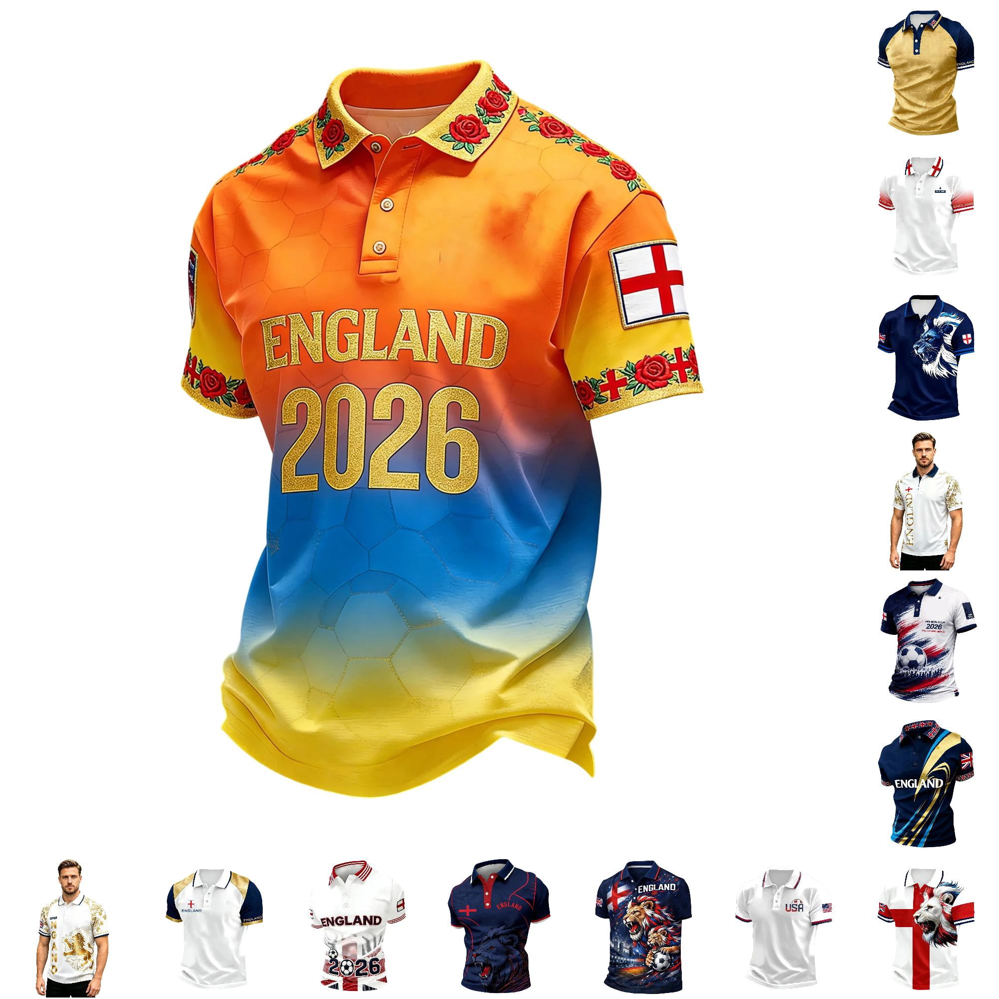 HNMKIU England Fan Polo Shirt Short Sleeve Button Down Collar 3D Letter ...
