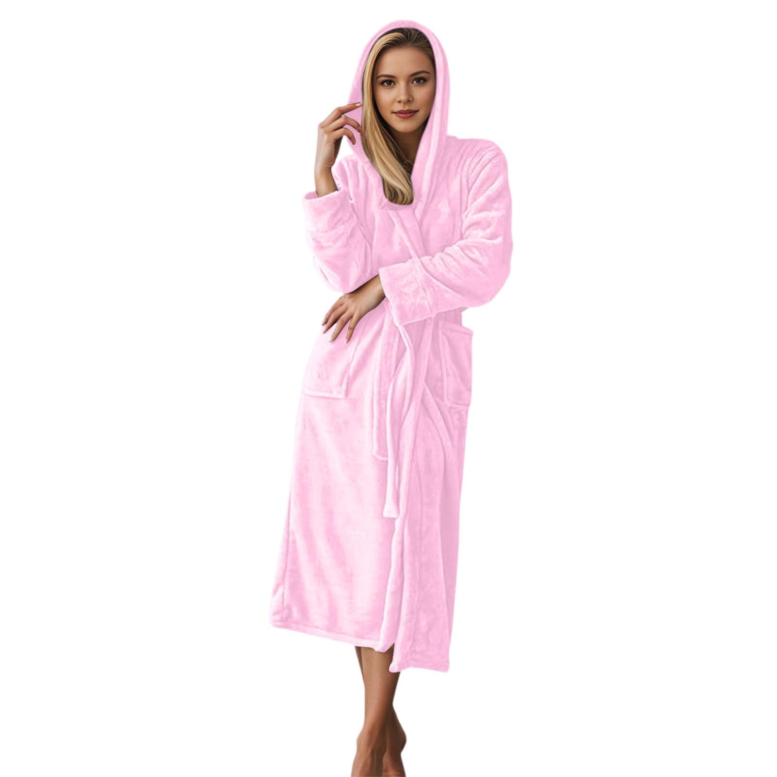 HNMKIU Fuzzy Robe Soft Flannel Hooded Long Bathrobe with Belt Cozy ...