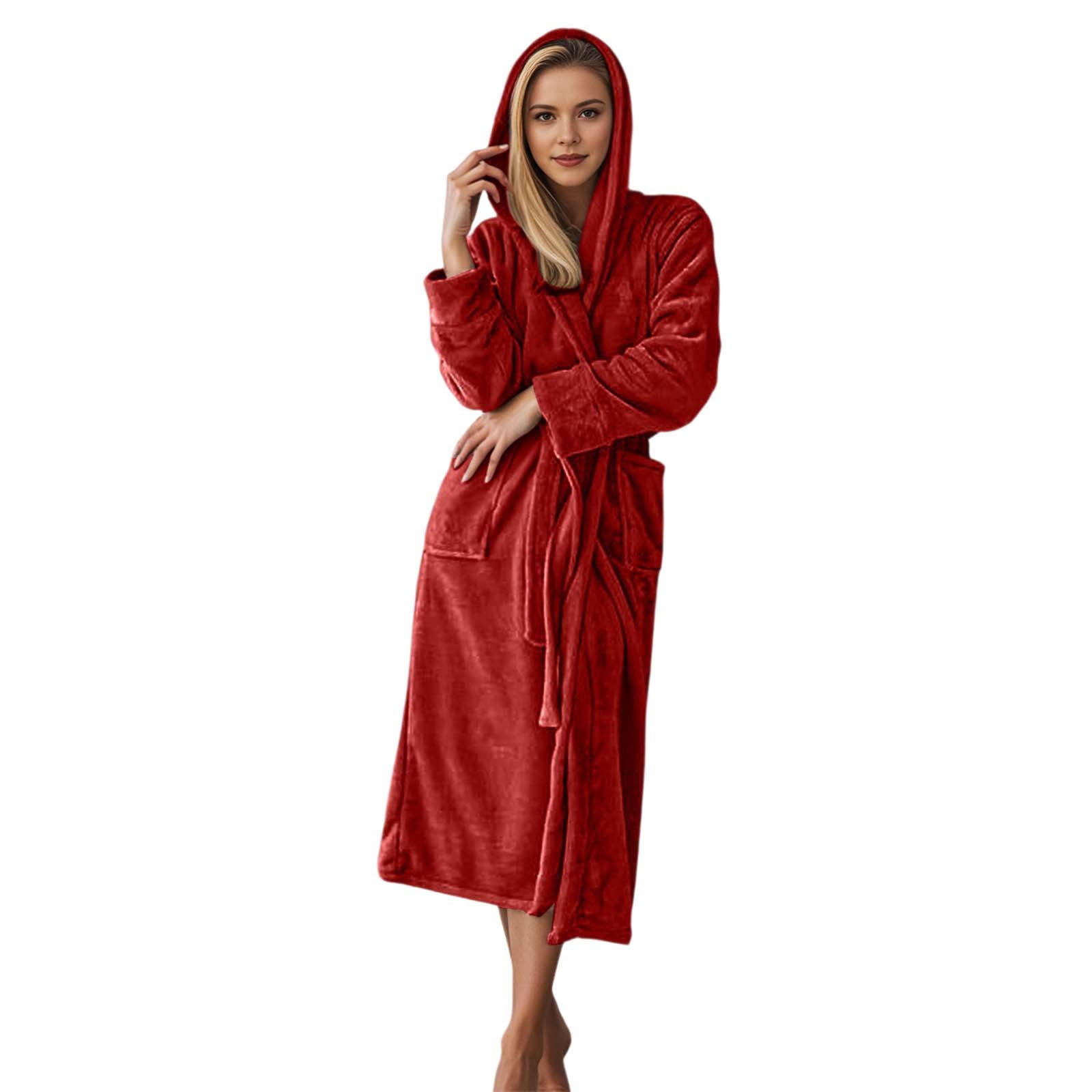 HNMKIU Fuzzy Robe Soft Flannel Hooded Long Bathrobe with Belt Cozy ...