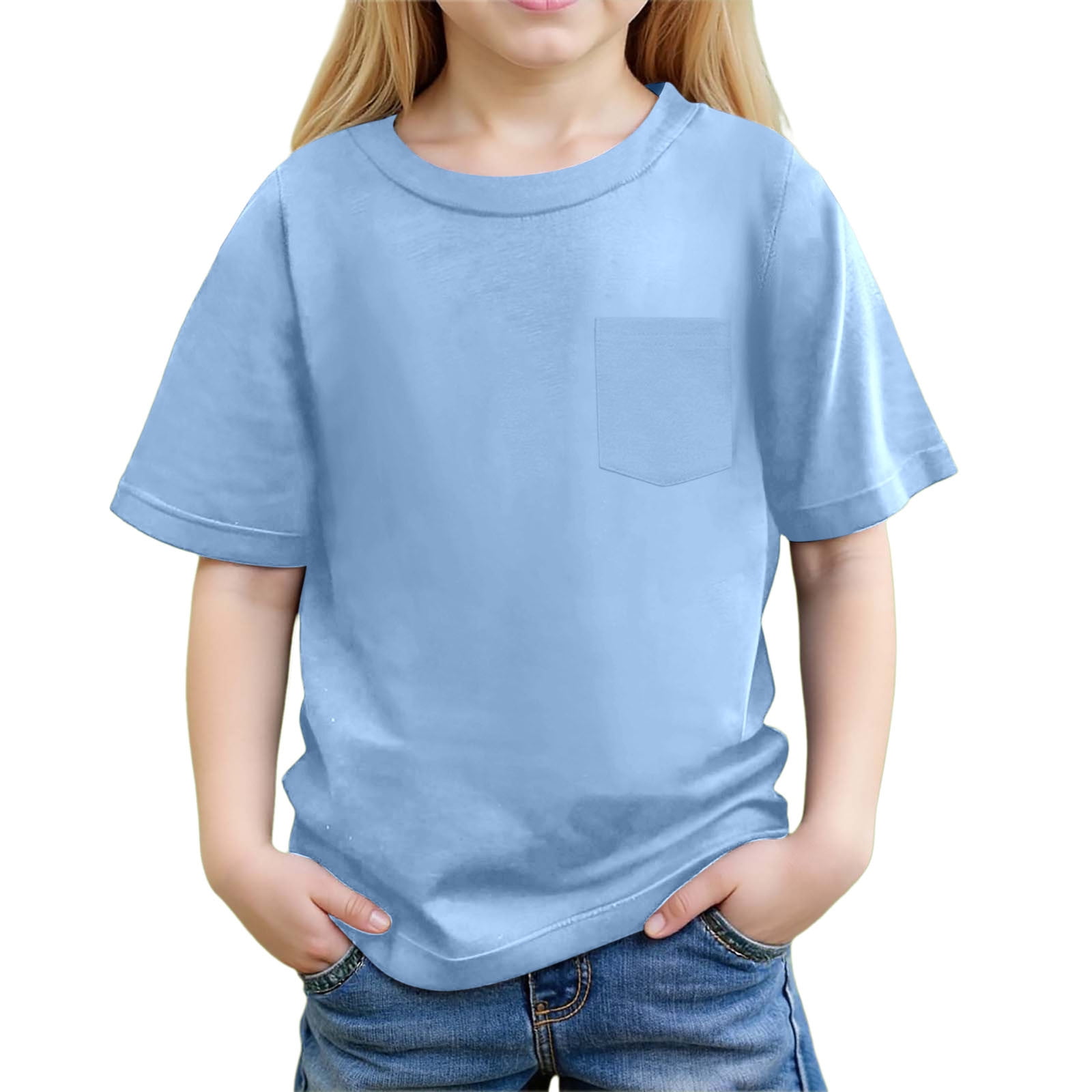 HNMKIU Girls Casual Short Sleeve Pocket Tee Pure Color Crewneck Top For ...
