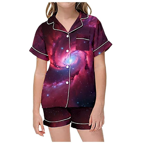 HNMKIU Girls Fashion Star Print Button Down Lapel Short Sleeve Pajama ...