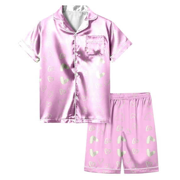 HNMKIU Girls' Heart Print Pajama Set Comfortable Short Sleeve Button ...