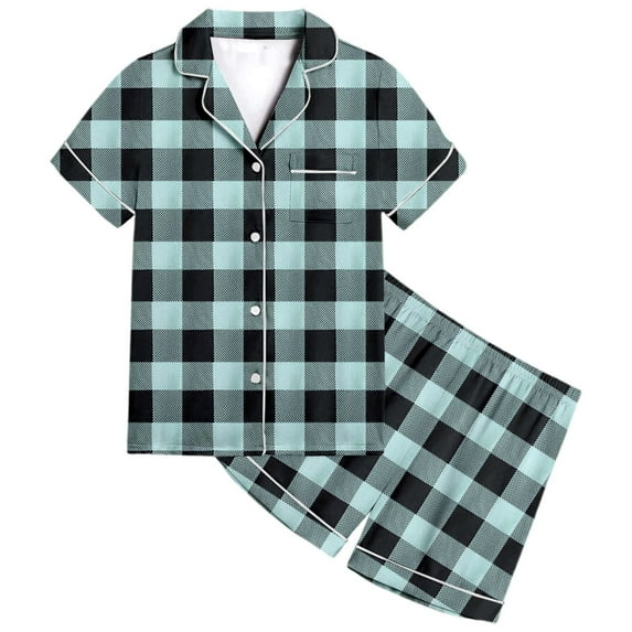 HNMKIU Girls Printed Short Sleeve Button Down Pajama Set Comfortable ...