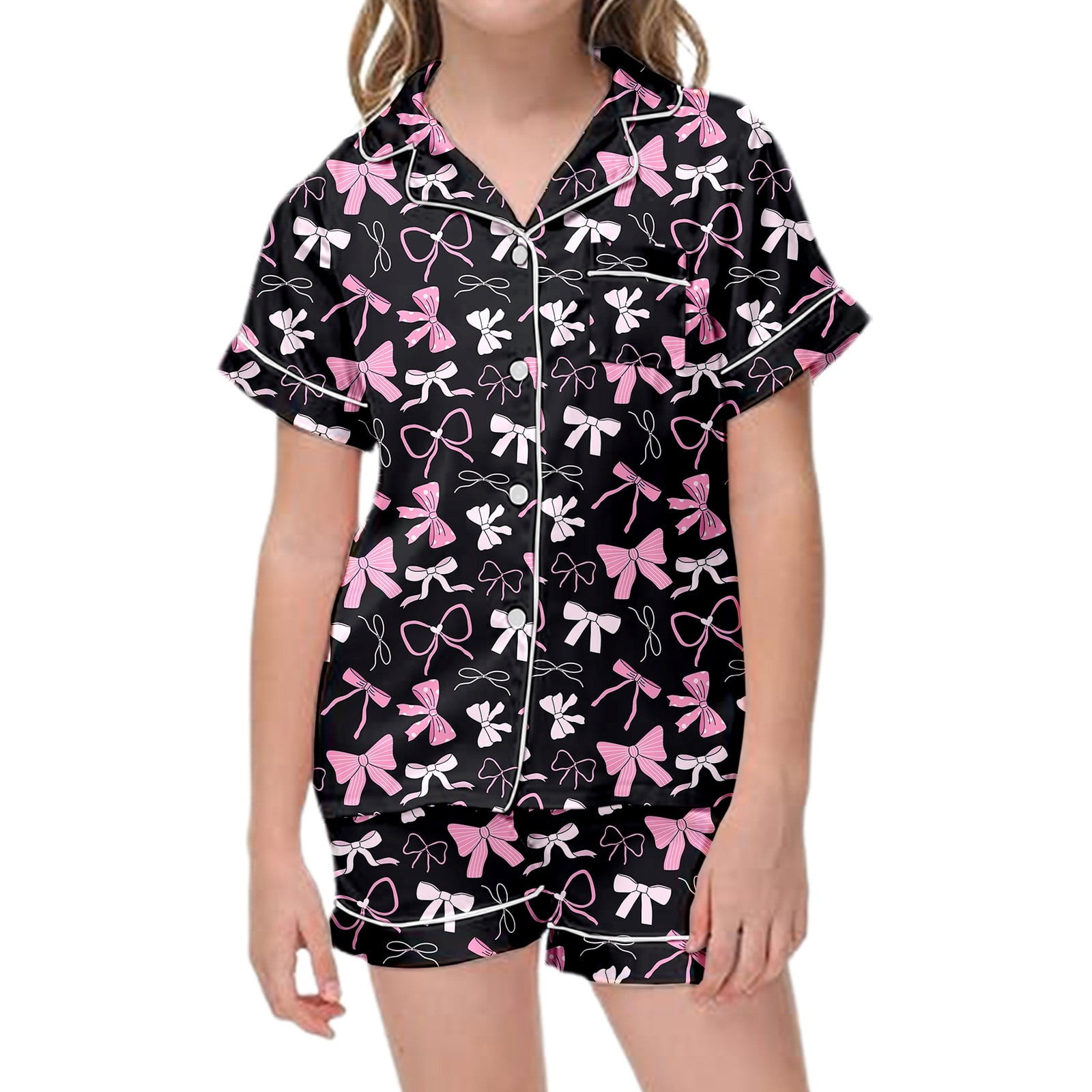 HNMKIU Girls Satin Pajama Set with Bow Detail Two Piece Button Up ...