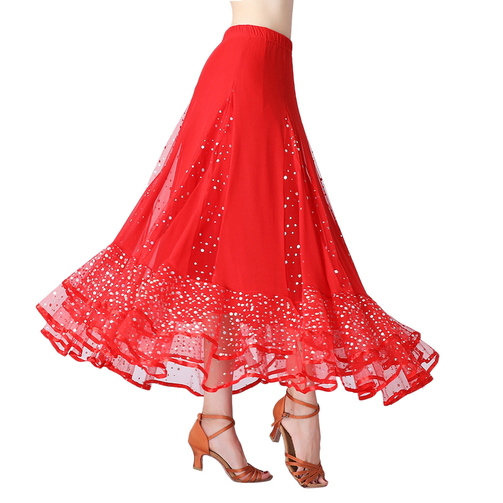 HNMKIU Glitter Sequin Dance Skirt With Flared Hem And Mesh Layer For ...