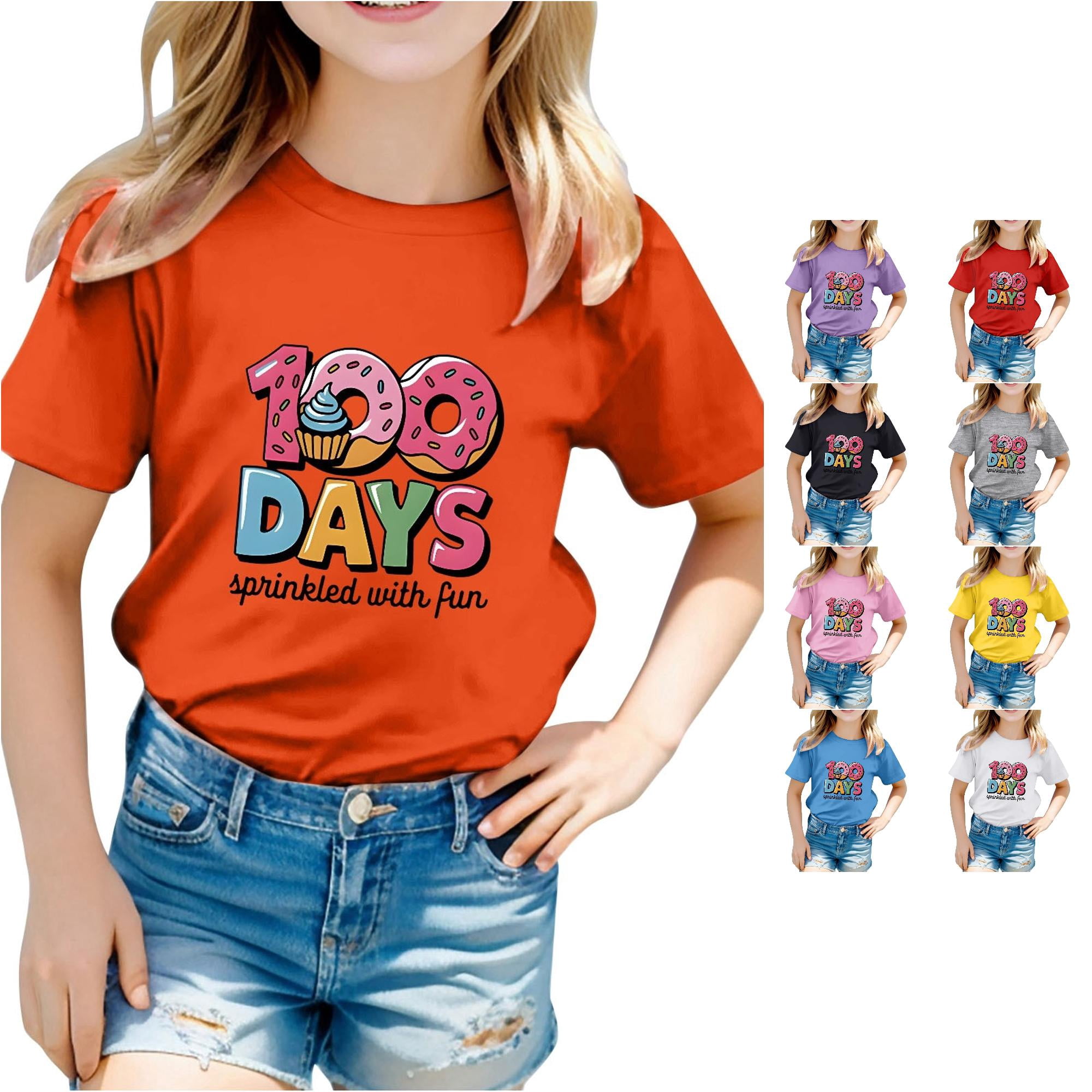 HNMKIU Kids Summer T-shirt Boys Girls Solid 100 Days Letter Graphic ...