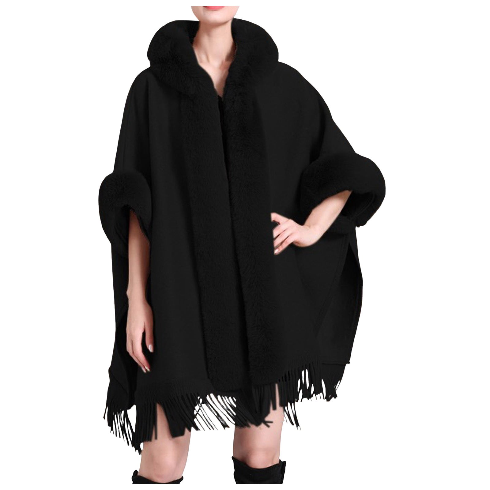 HNMKIU - Ladies Autumn Winter Imitation Collar Hooded Shawl Cape with ...