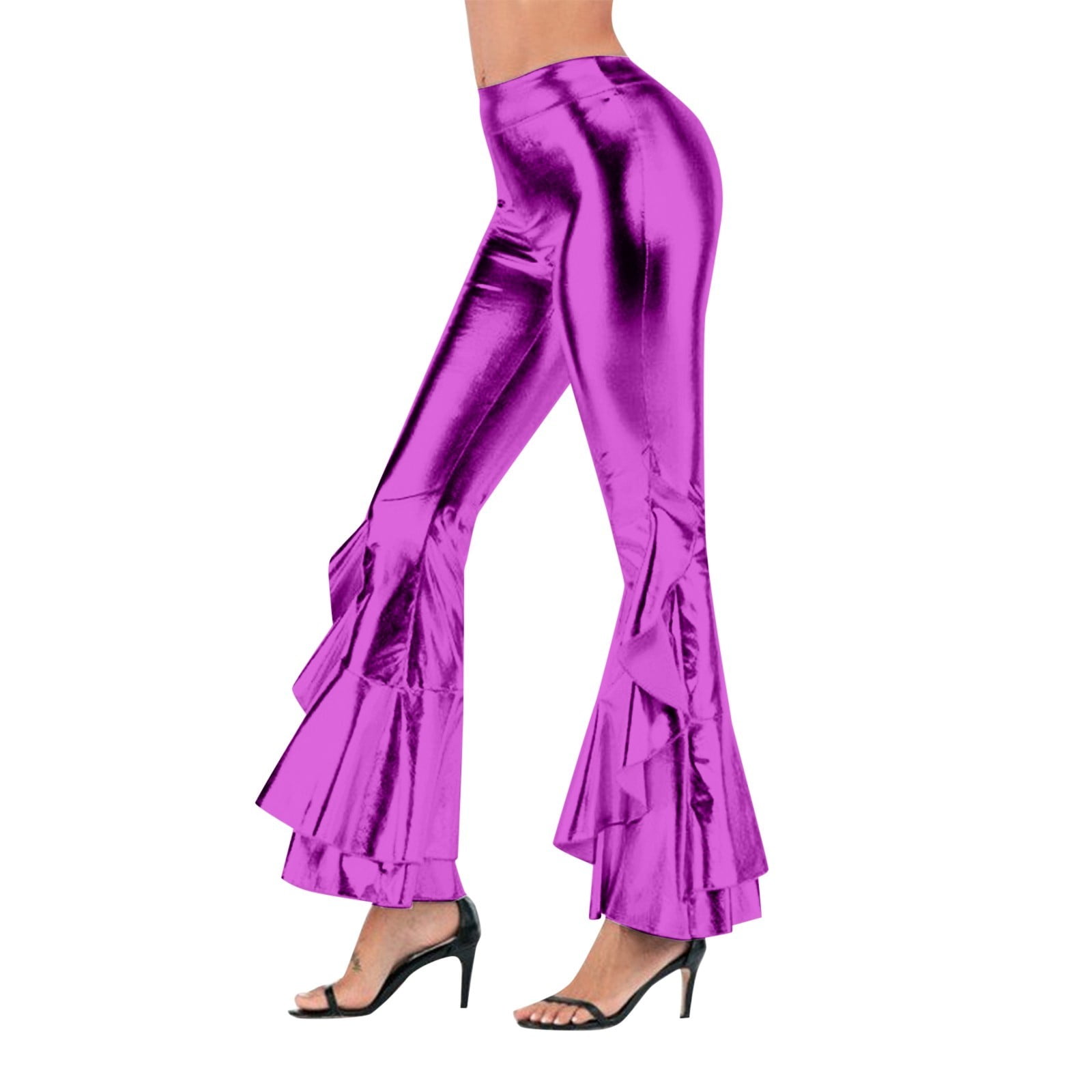 HNMKIU Plus Size Women's Solid Color High Gloss Leather Stage Flared ...