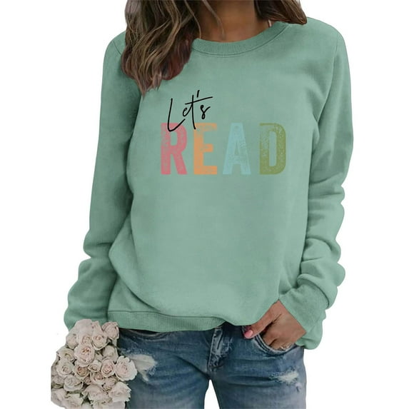 HNMKIU Reading Book Sweatshirt Women Let's Read Graphic Long Sleeve ...