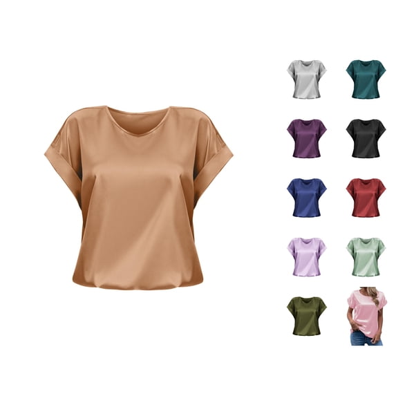 HNMKIU Spring And Summer Women's Satin Shirt Short Sleeves Loose Casual ...