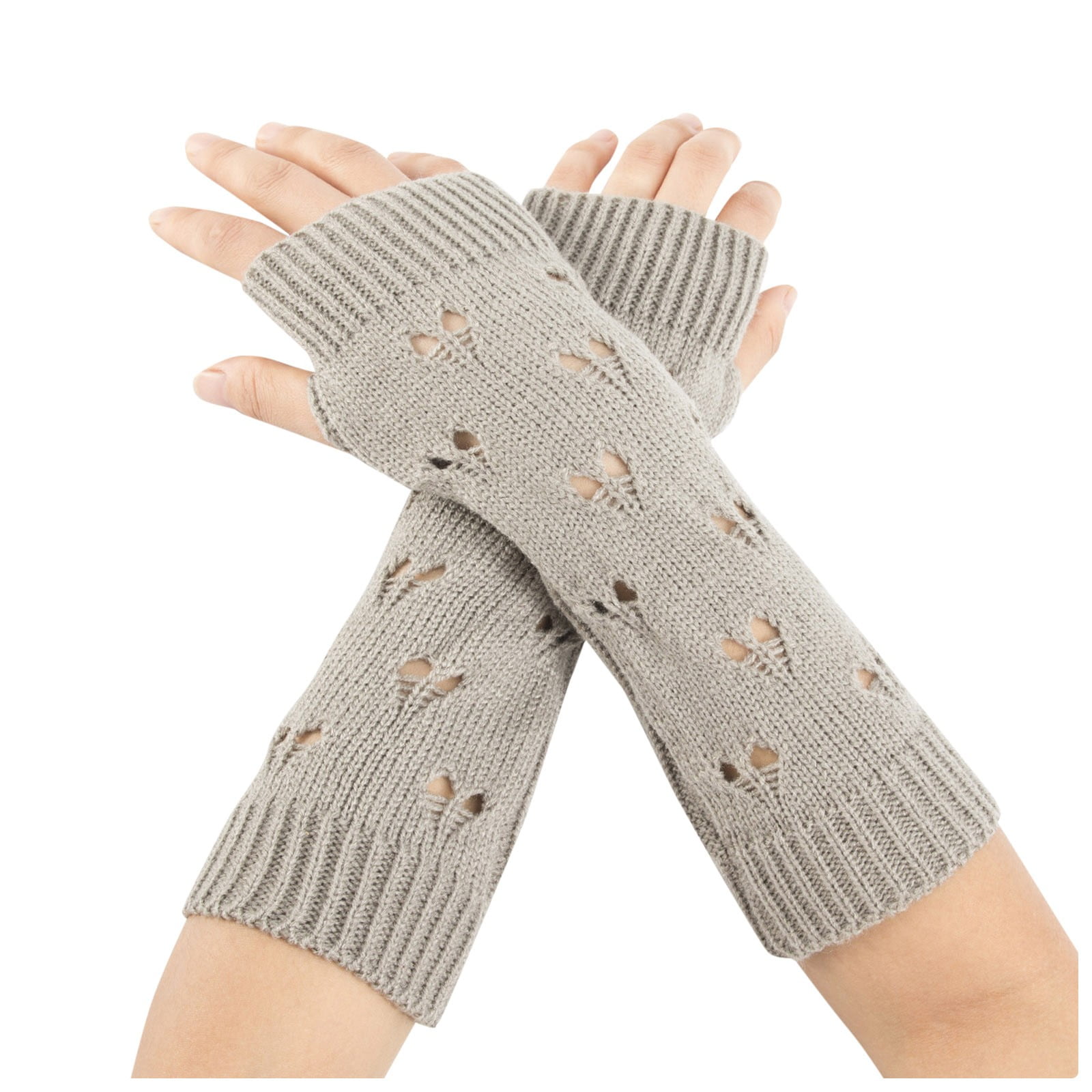 HNMKIU Winter Hollow Knitted Wool Mittens Long Arm Sleeve Warm Jacquard ...