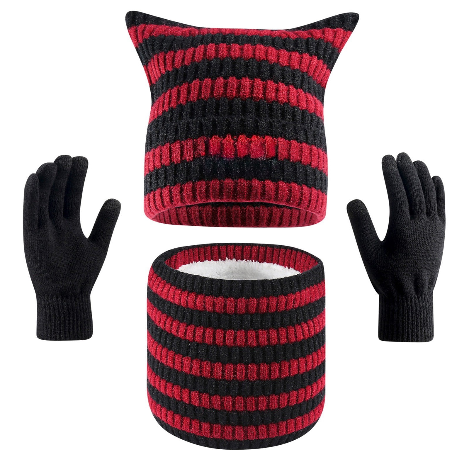HNMKIU Winter Warm Knitted Cat Ear Scarf Hat Gloves Set Soft Thermal ...