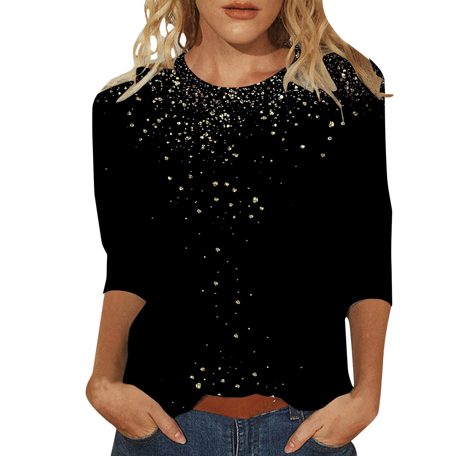 HNMKIU Women Shiny Sequin Printed Round Neck T-Shirt a Comfortable ...