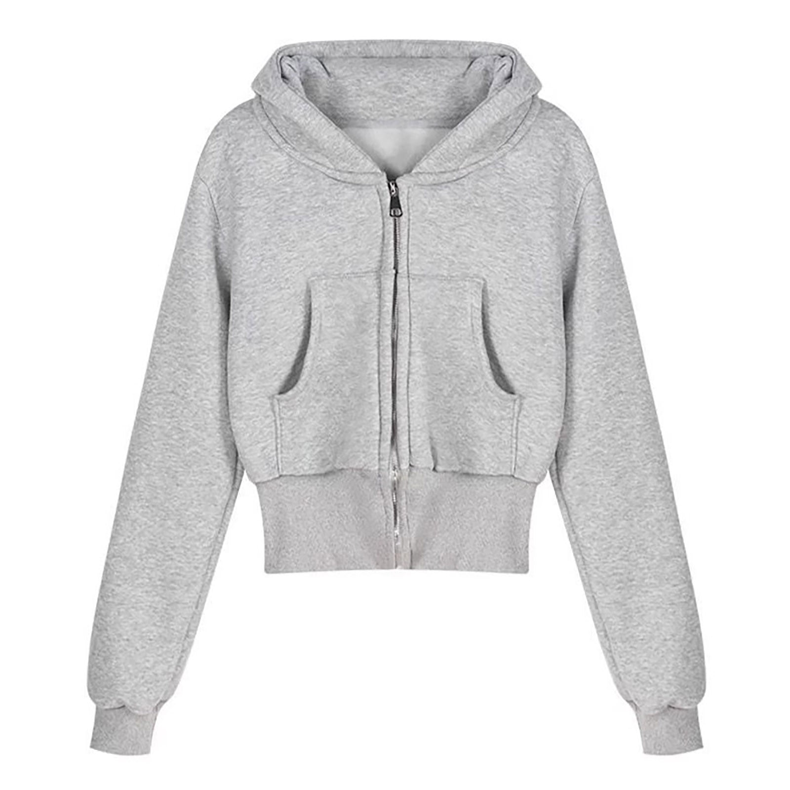 HNMKIU Women Solid Hooded Sweatshirt Short Form Fitting Long Sleeved ...