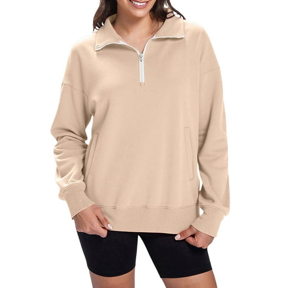 HNMKIU Women's Autumn Winter Fashion Half Zip Stand Collar Solid Color ...