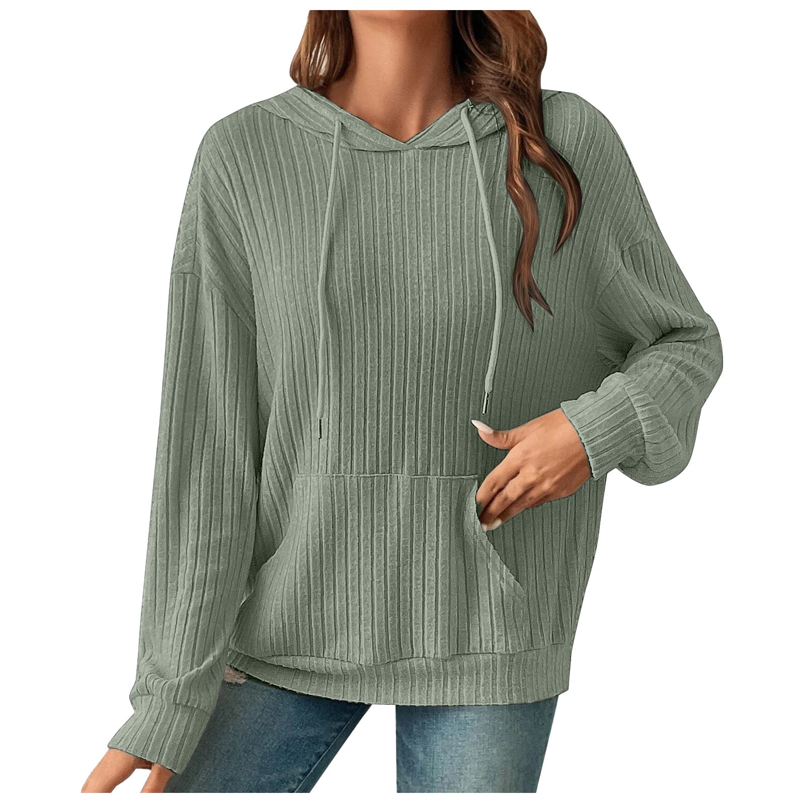 HNMKIU Women's Autumn Winter Knitted Hooded Ribbed Pocket Long Sleeve ...