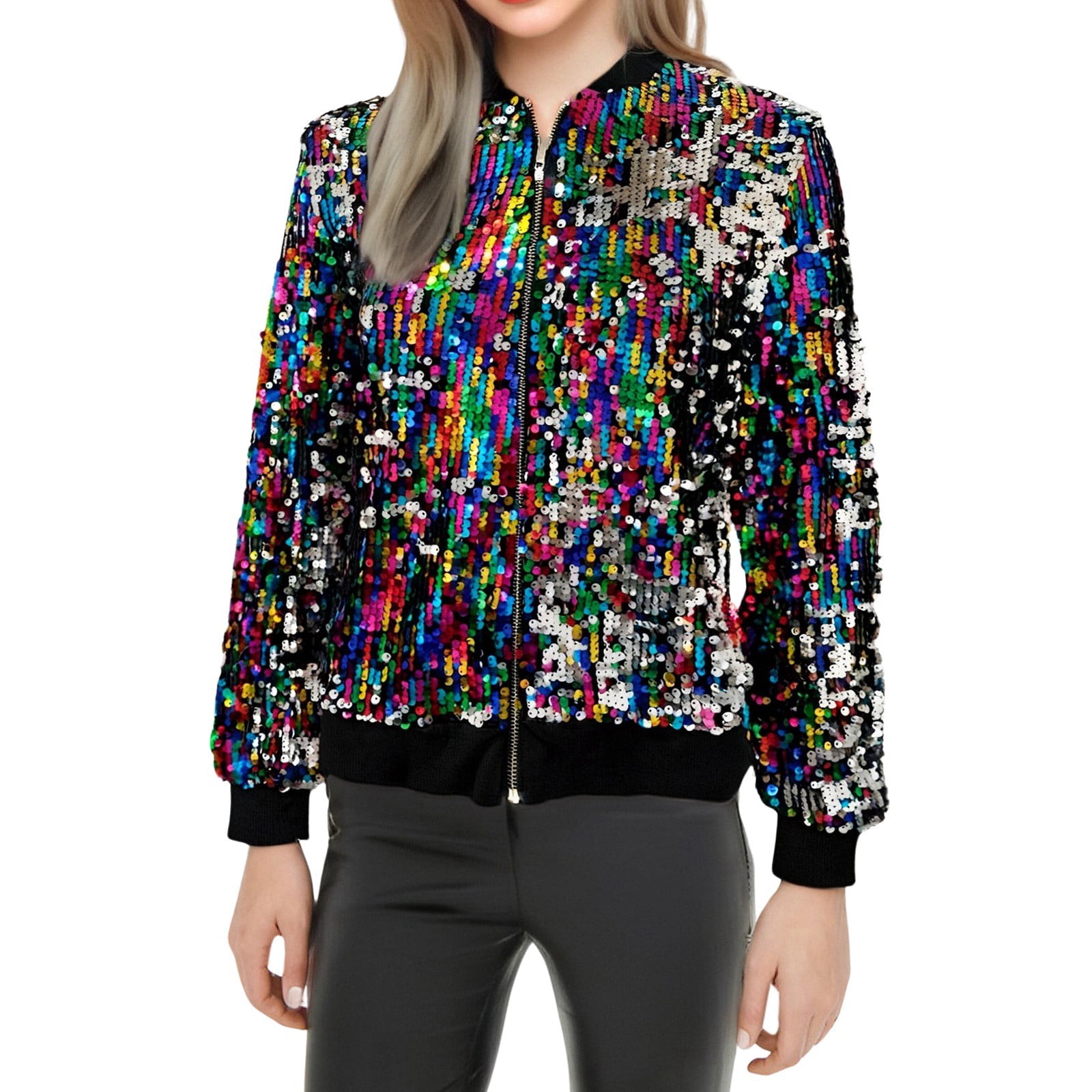 HNMKIU Women's Casual Jackets Women's Carnival Bead Sequin Zipper Front ...