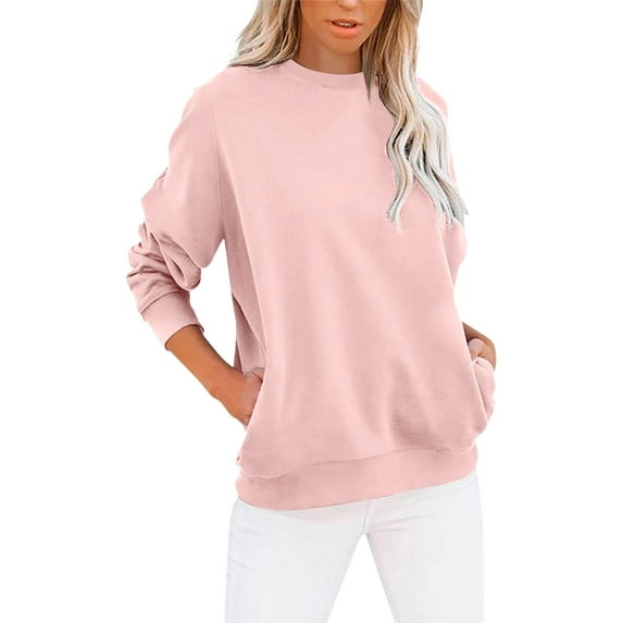 HNMKIU Women's Casual Long Sleeve Solid Color Crew Neck Loose Pullover ...