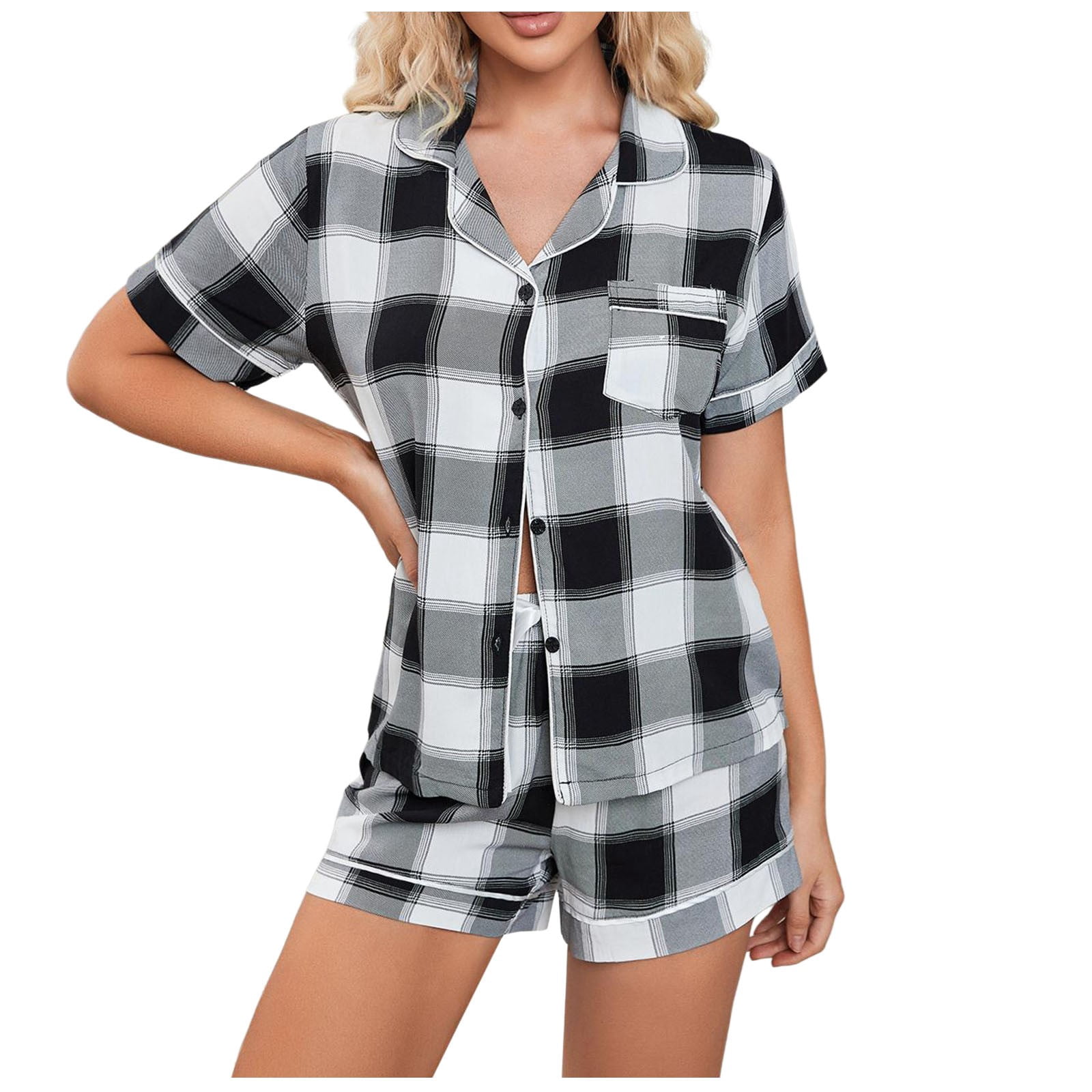 HNMKIU Women's Casual Short Sleeve Pajama Set with Chest Pocket Soft ...