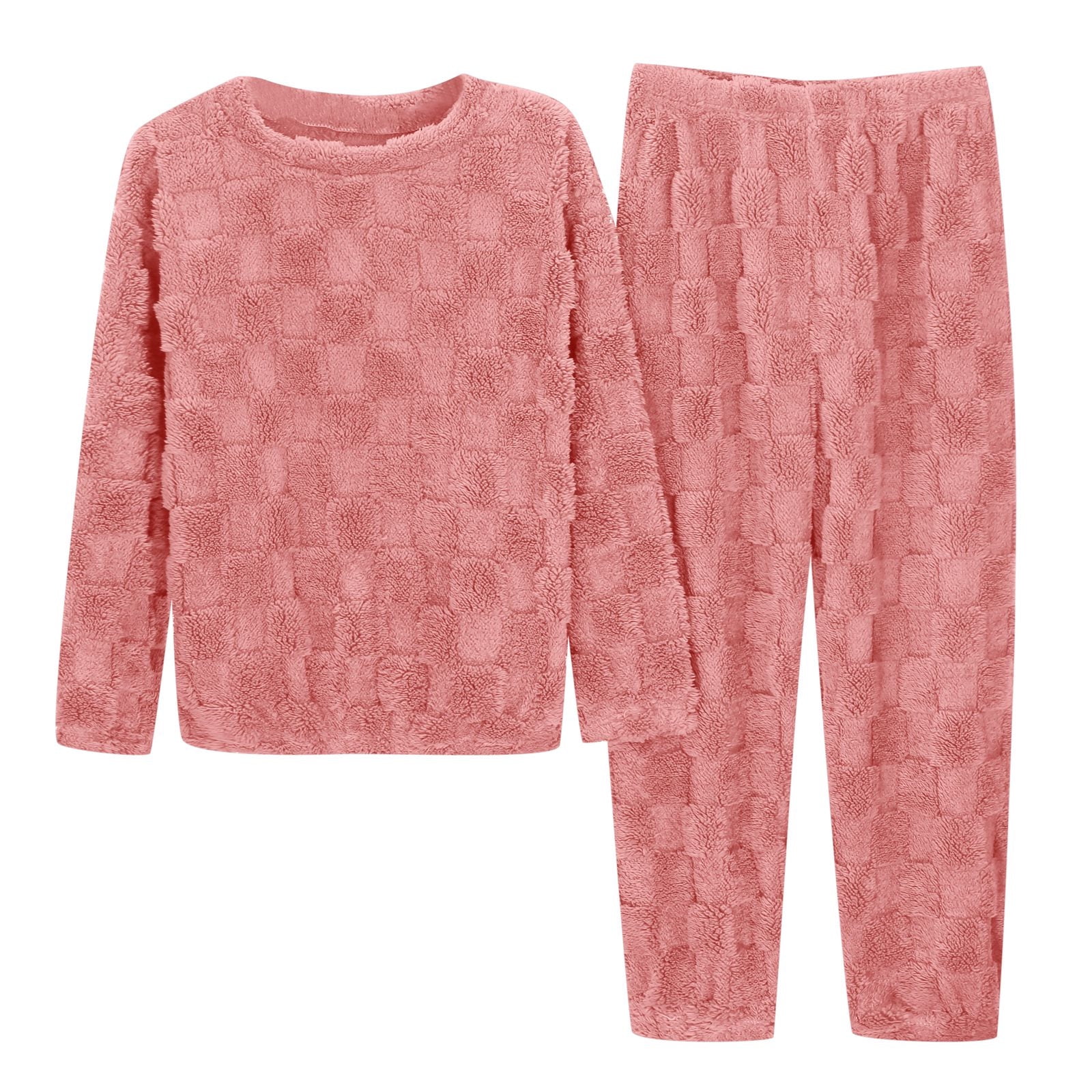HNMKIU Women's Cozy Winter Jacquard Flannel Pajama Set Solid Color Warm ...
