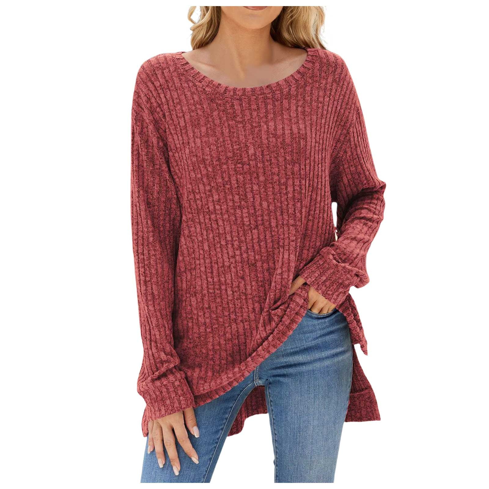 HNMKIU Women's Crew Neck Long Sleeve Brushed Slit Hem T-Shirt Soft ...