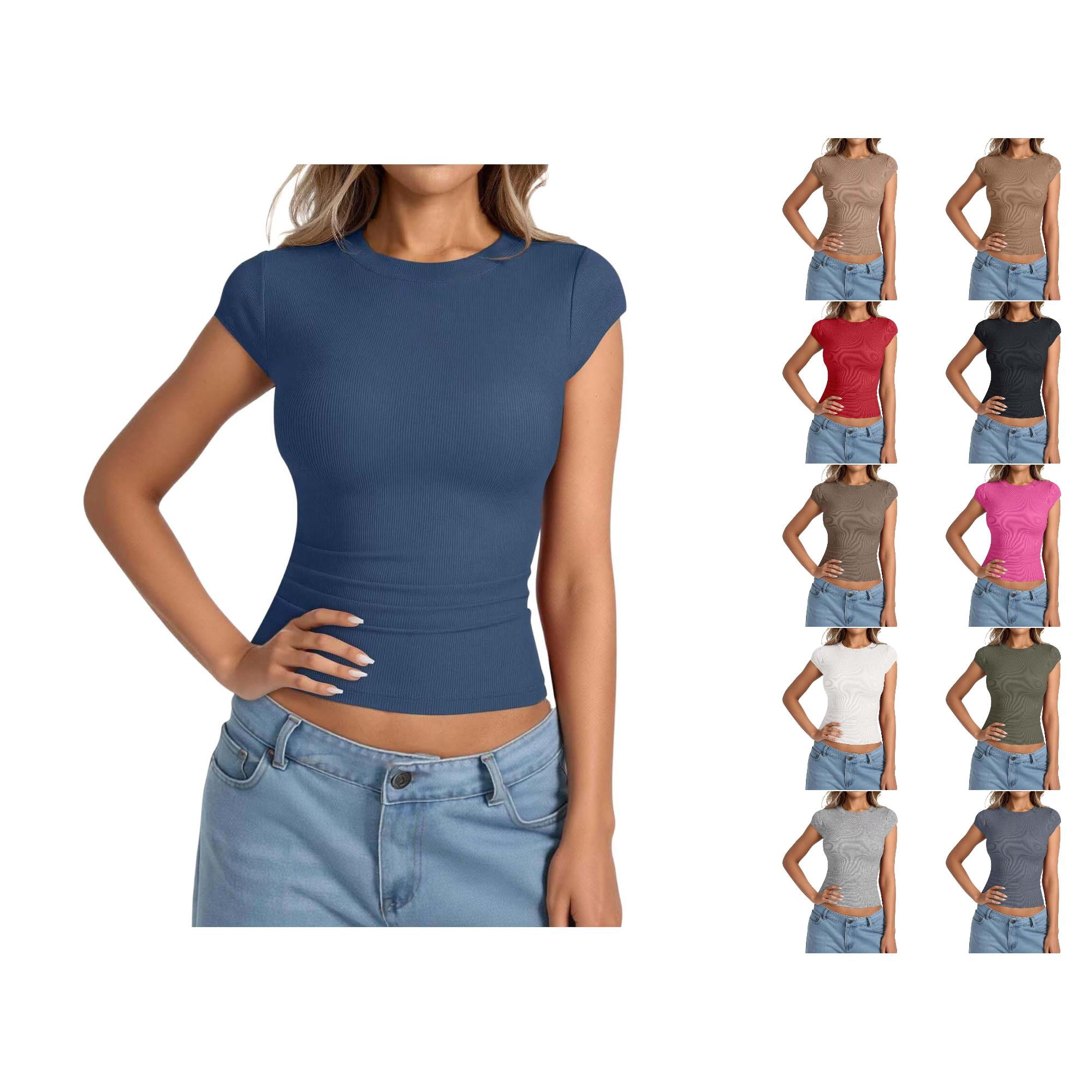 HNMKIU Women's Everyday Ribbed Knit Tee - Short Sleeve Crew Neck Slim ...