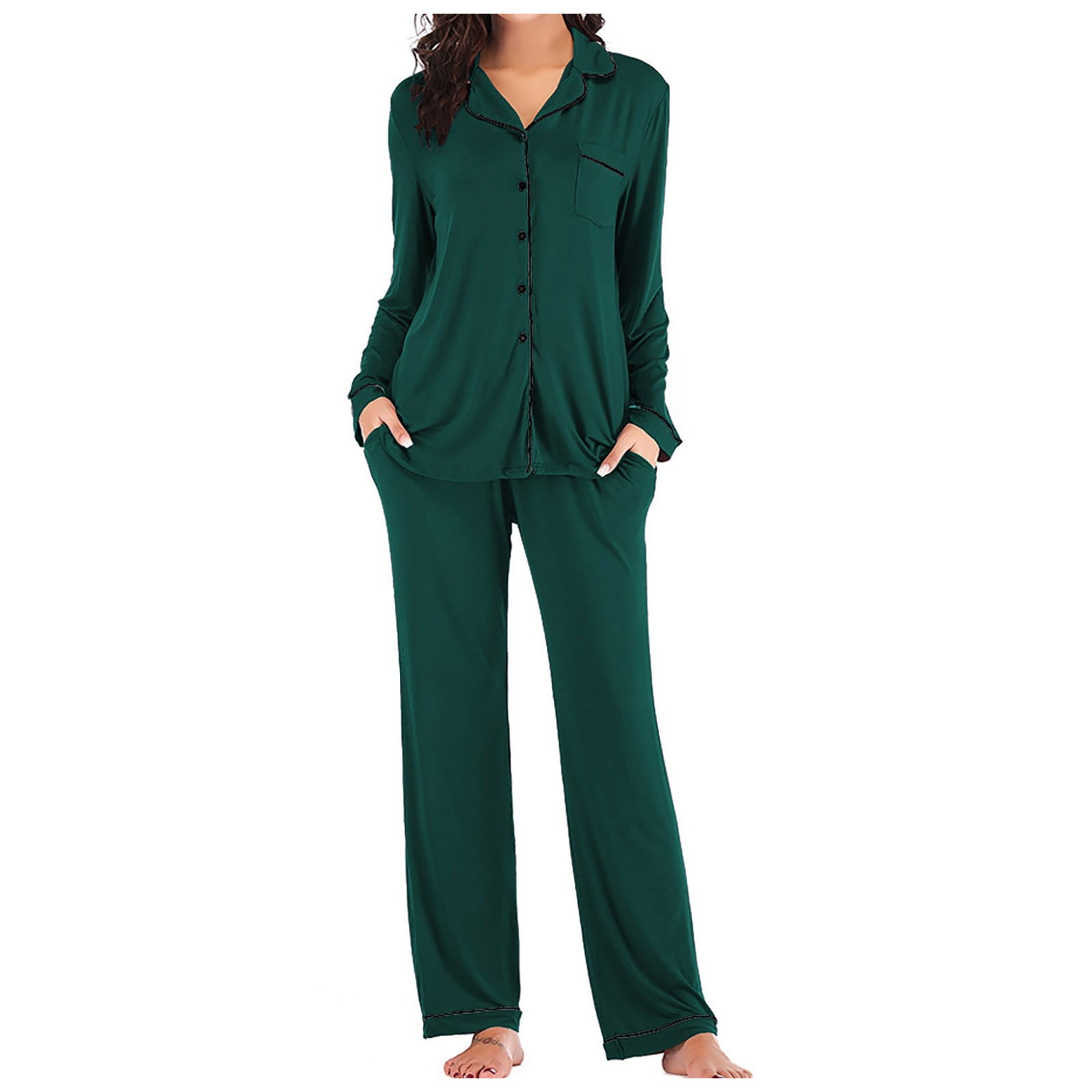 HNMKIU Women's Long Sleeve Button Up Pajama Set Comfortable Two Piece ...