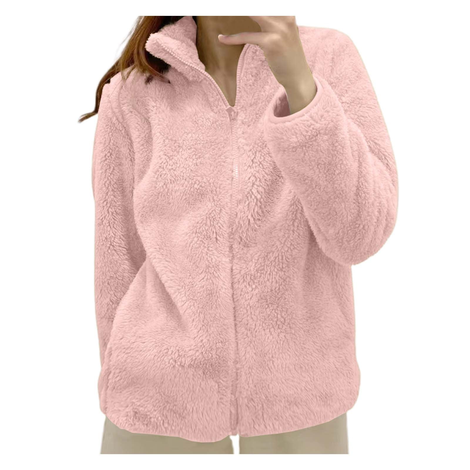 HNMKIU Women's Oversize Solid Color Collar Zip Up Jacket Cozy Warm ...