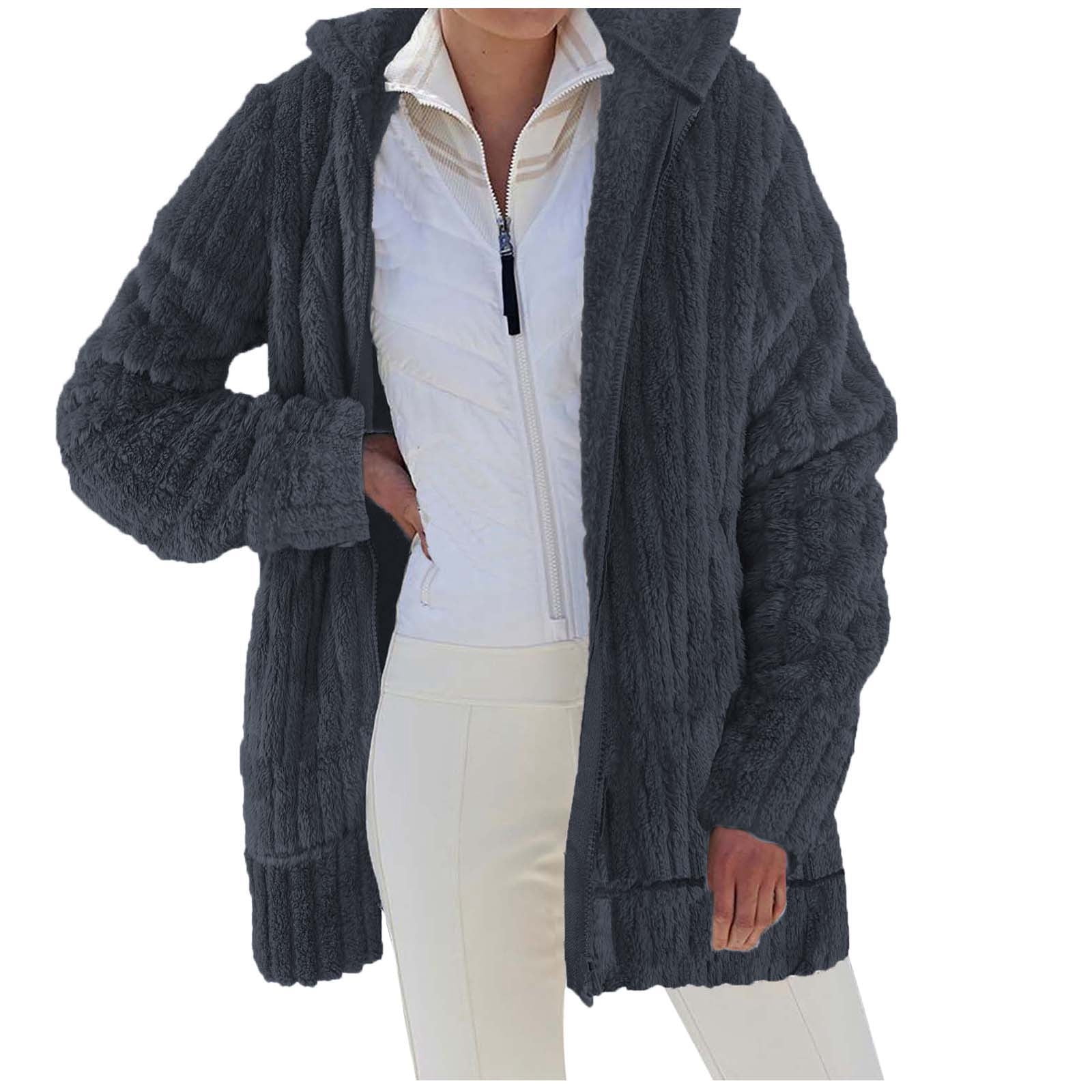 HNMKIU Women's Oversize Solid Color Hooded Jacket Winter Warm with ...