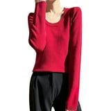 HNMKIU Women's Solid Color Slim Fit U-Neck Lined Long Sleeve Pullover ...