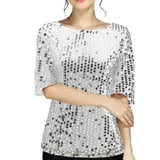 HNMKIU Women's T-Shirts Elegant Women's Sequin Half Sleeve Solid Color ...