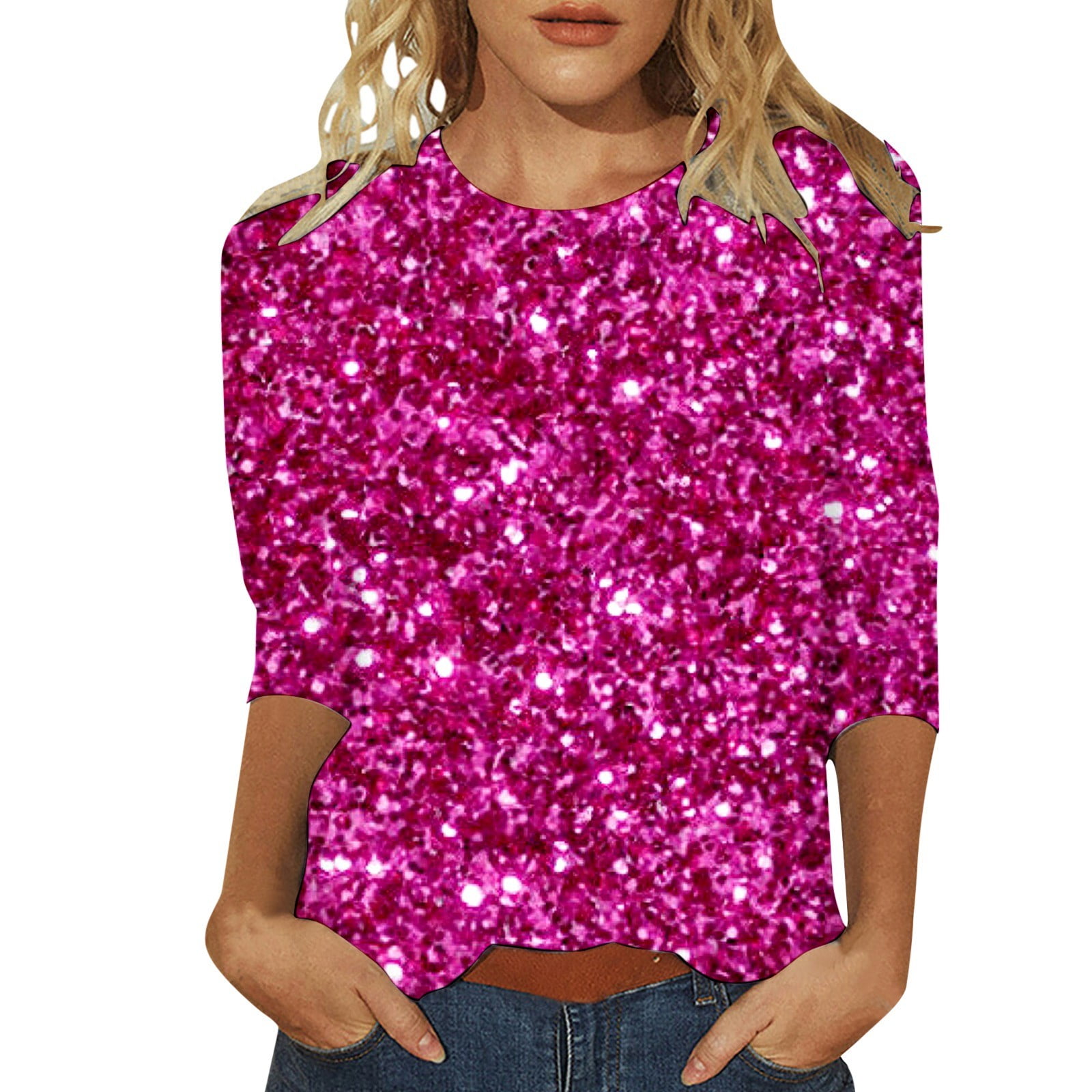 HNMKIU Women's T-Shirts Fashion Women's Casual Top with Sparkling ...