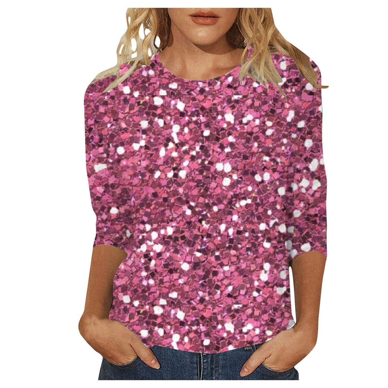 HNMKIU Women's T-Shirts Women's Casual Carnival Sequin Printed Tee ...