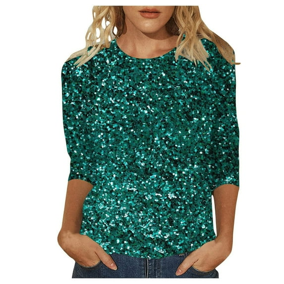 HNMKIU Women's T-Shirts Women's Casual Crew Neck Sequin Effect T-Shirt ...