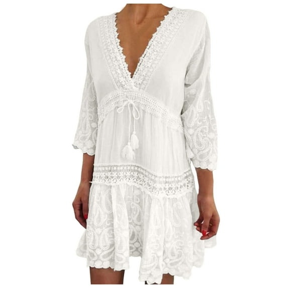 HNMKIU Women's V Neck Jacquard Quarter Sleeve Bohemian Cutout Floral ...