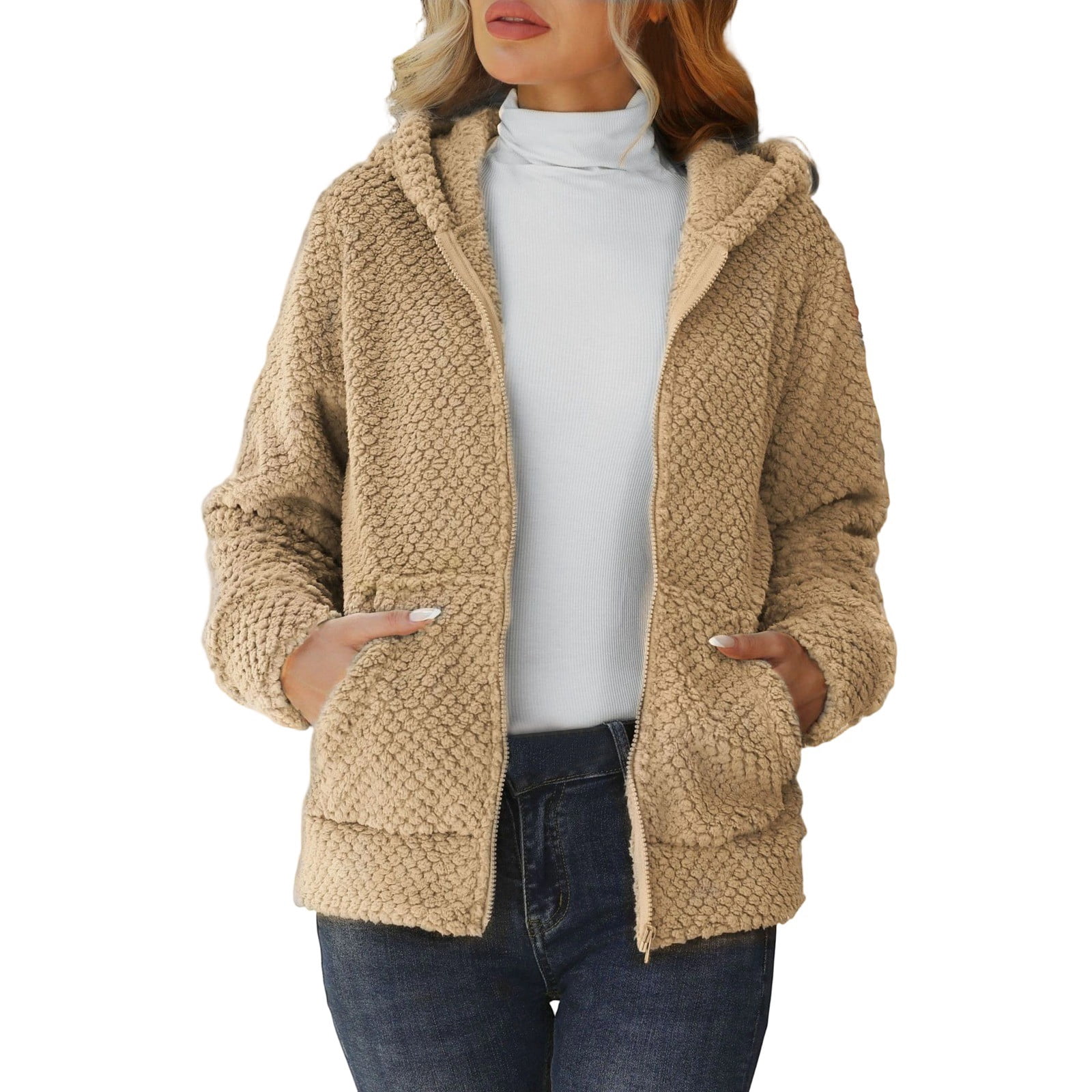 HNMKIU Women's Winter Warm Soft Hooded Jacket with Front Zipper and ...