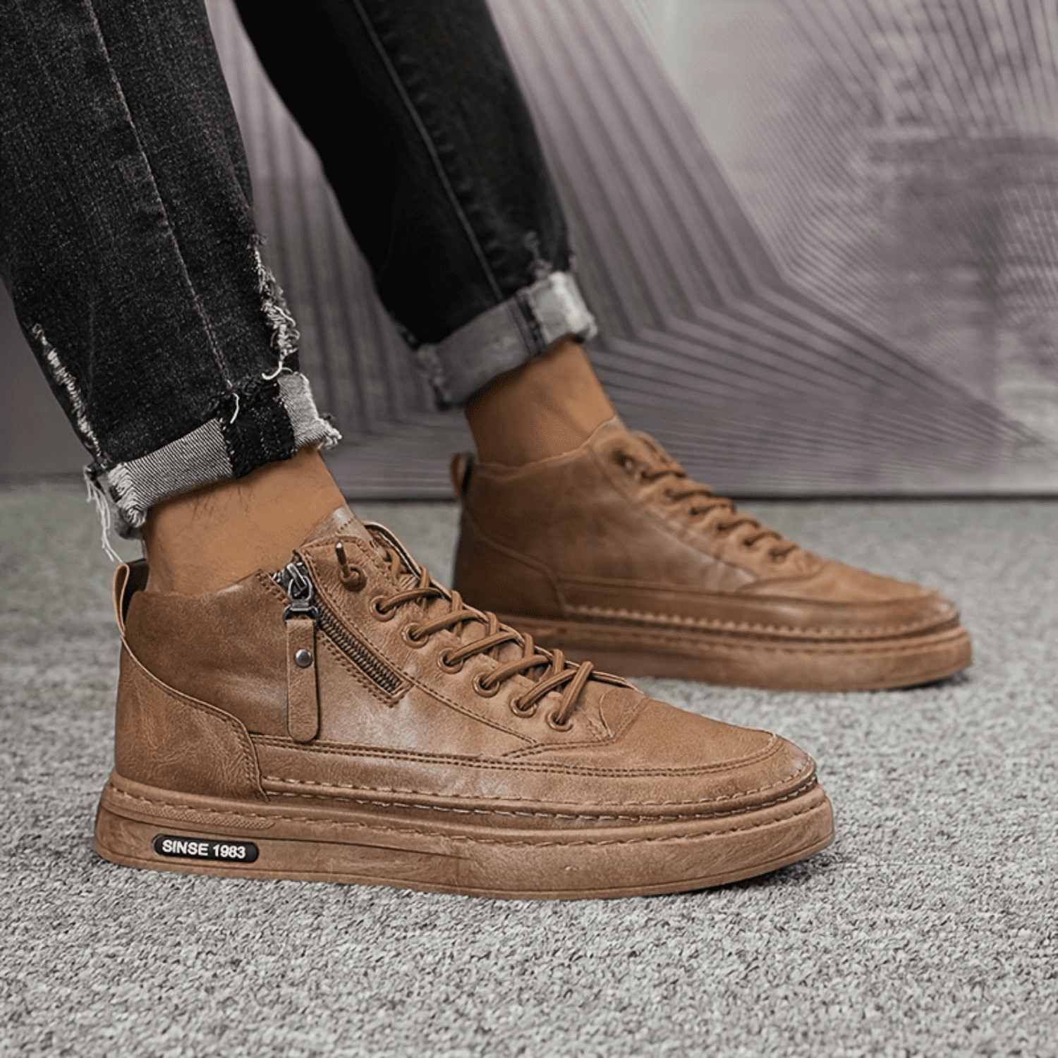 HNTECHKJ Fashionable high-top men‘s leather casual shoes with ...