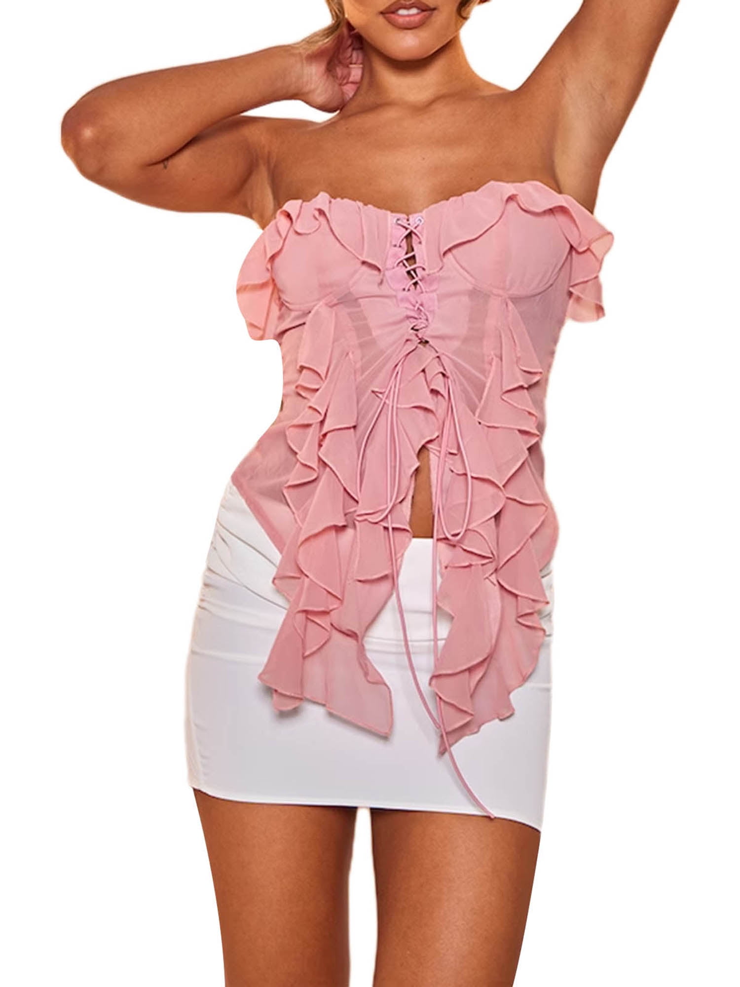 Hoanselay Women Summer Crop Tube Tops Ruffle Tassel Tie Front Bandeau