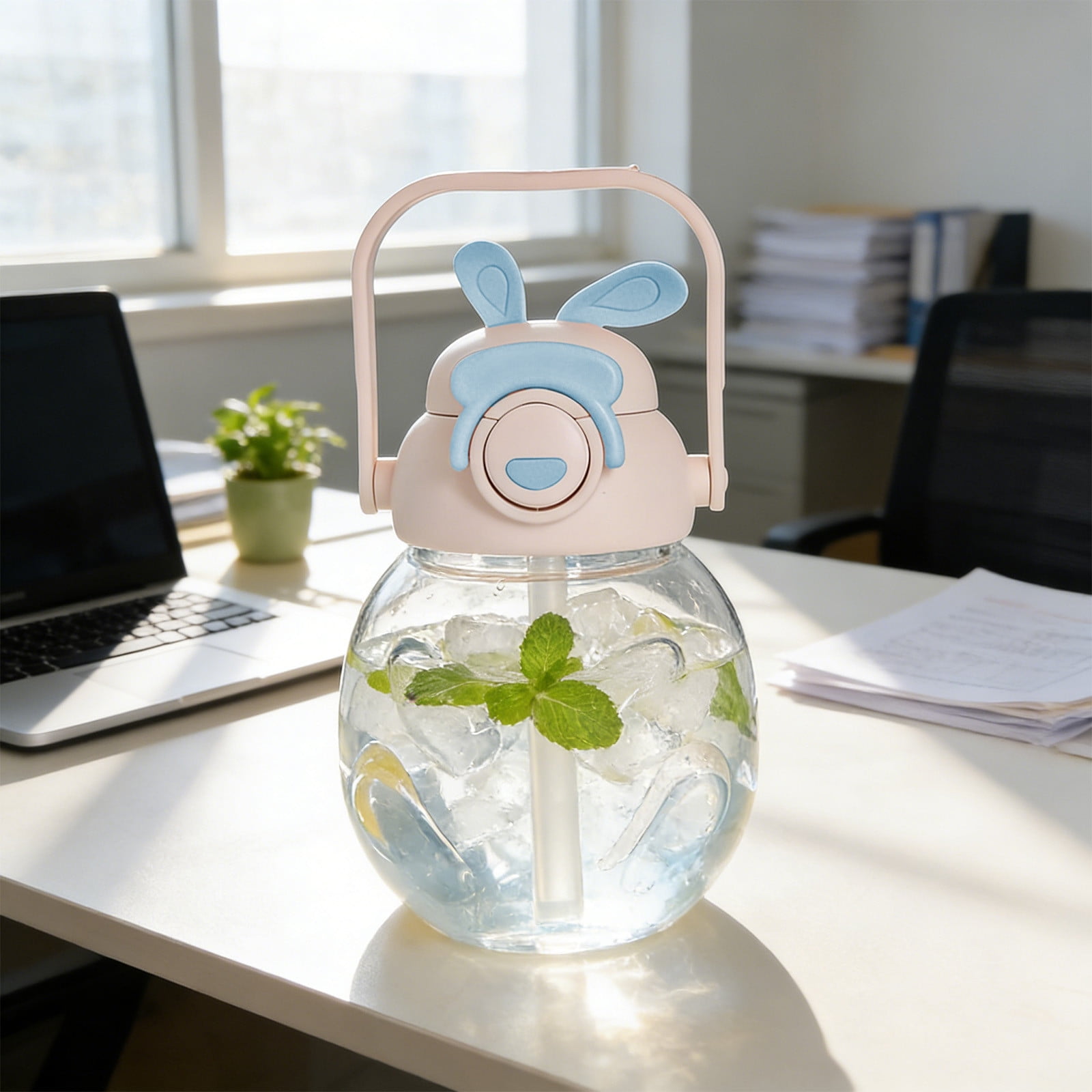 HOARBOEG 1000ML Rabbit Design Water Bottle with Straw Large Capacity ...