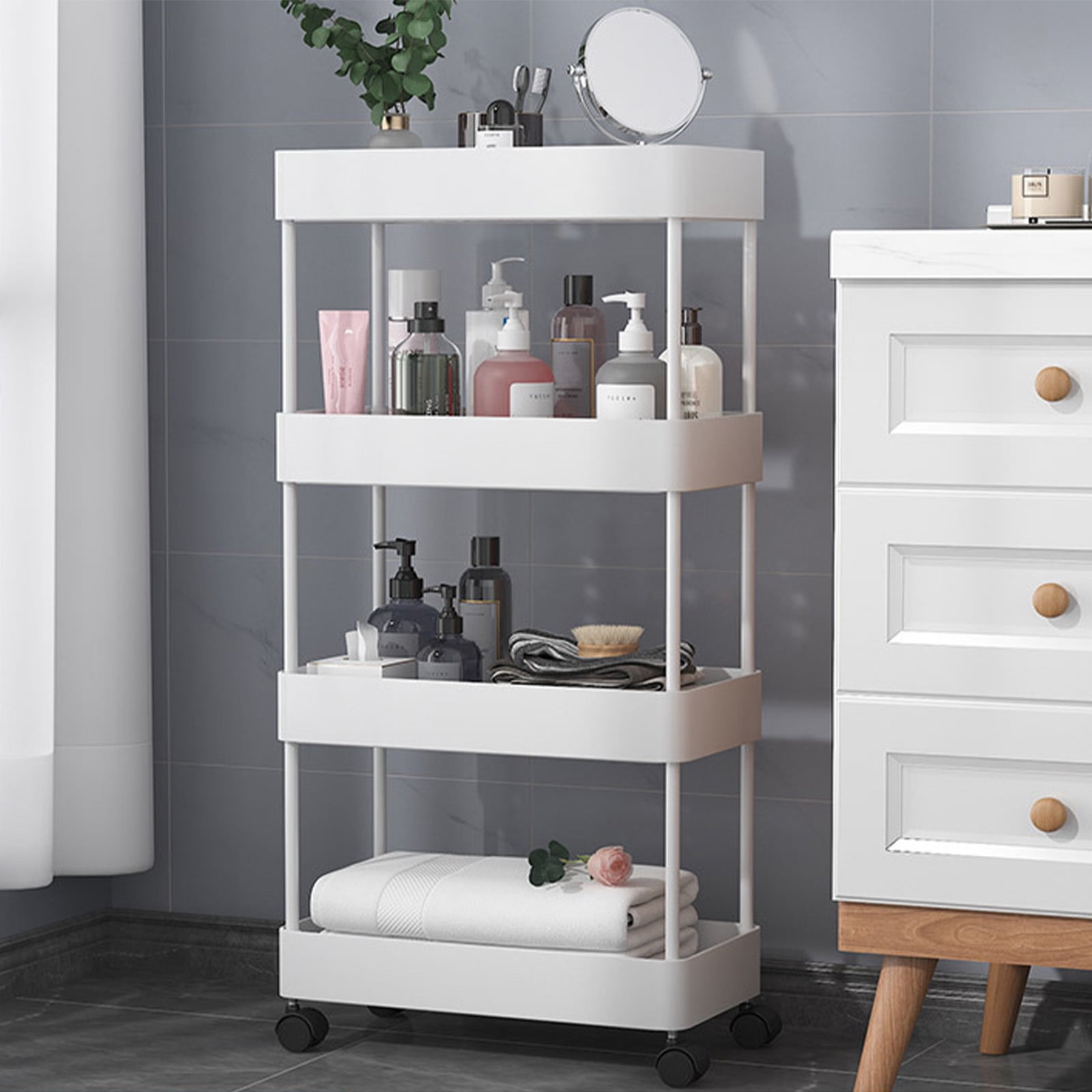 HOARBOEG 4-Tier Slim Rolling Storage Cart with Wheels, Plastic Bathroom ...