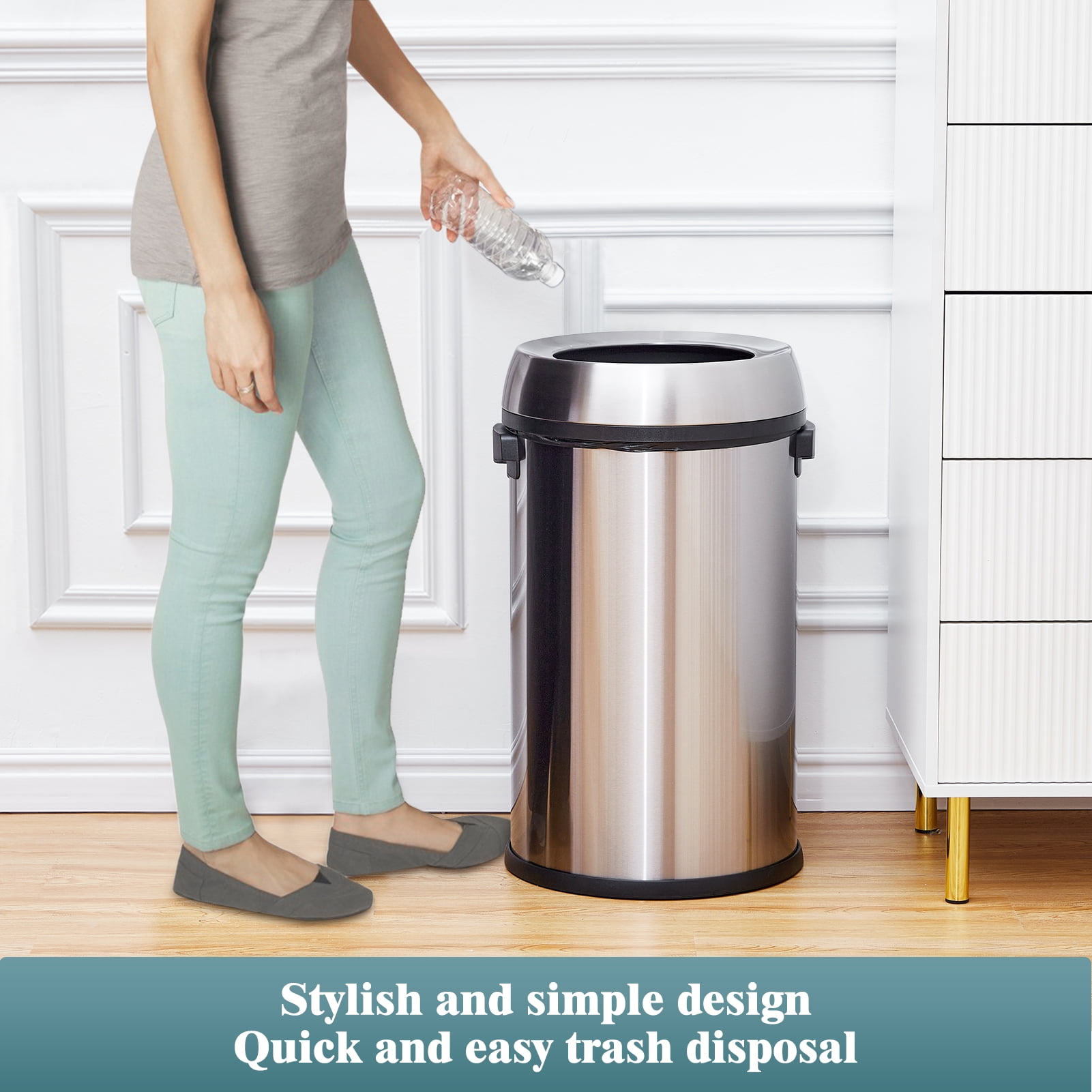 HOBLOC 17 Gallon/65 Liter Stainless Steel Swing Top Trash Can, Heavy ...