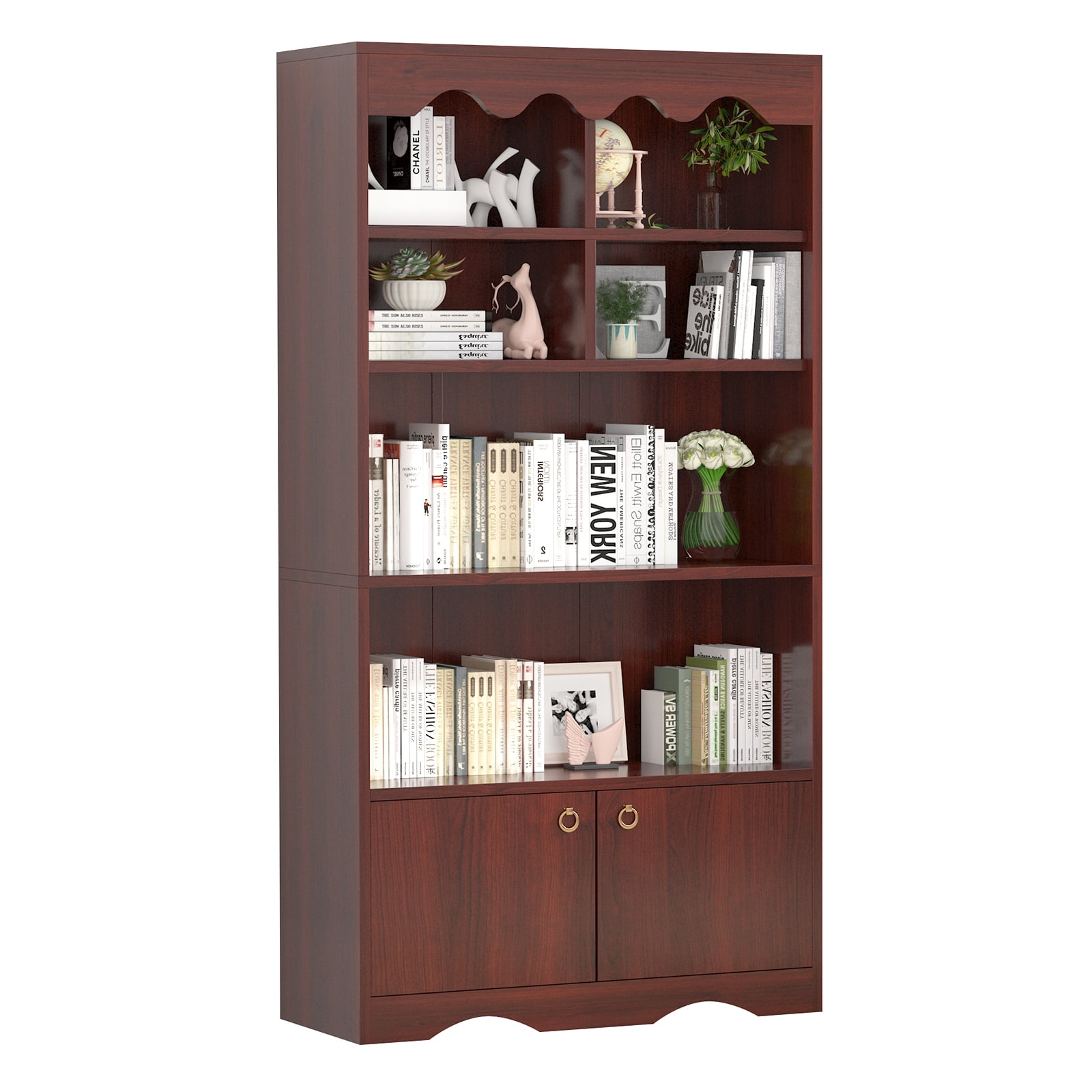 HOBLOC 5 Tier Bookshelf Bookcase with Cabinet Doors, 63 in Tall Wooden ...